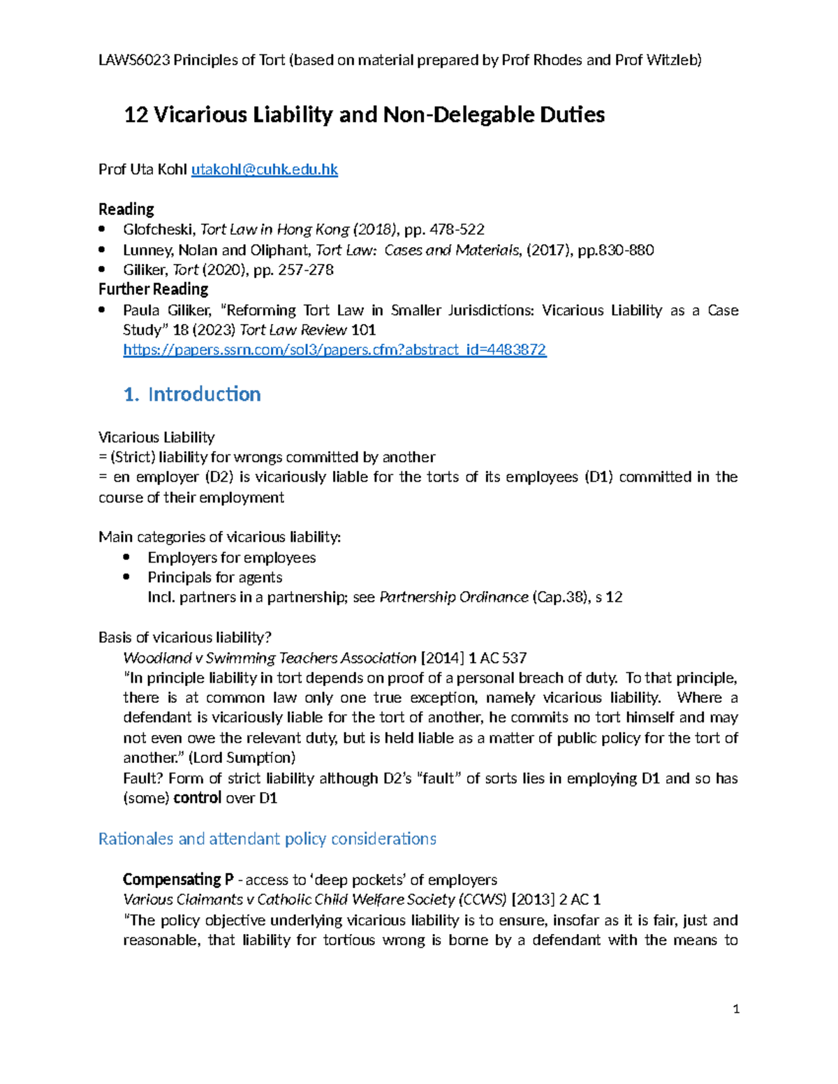 12 HO Vicarious Liability (incl. tutorial problem) - 12 Vicarious ...