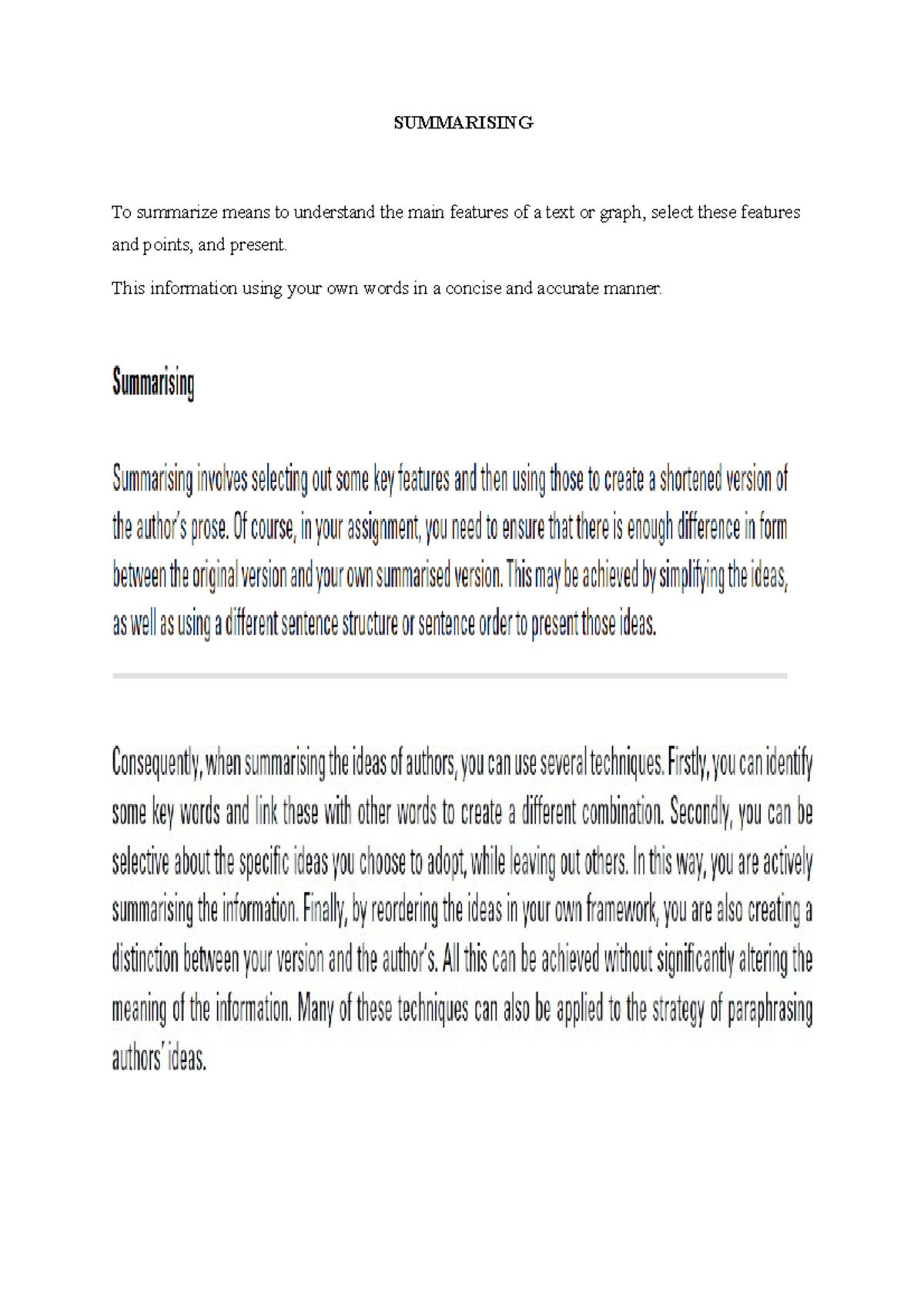 Lecturer Notes Summarising - SUMMARISING To summarize means to ...