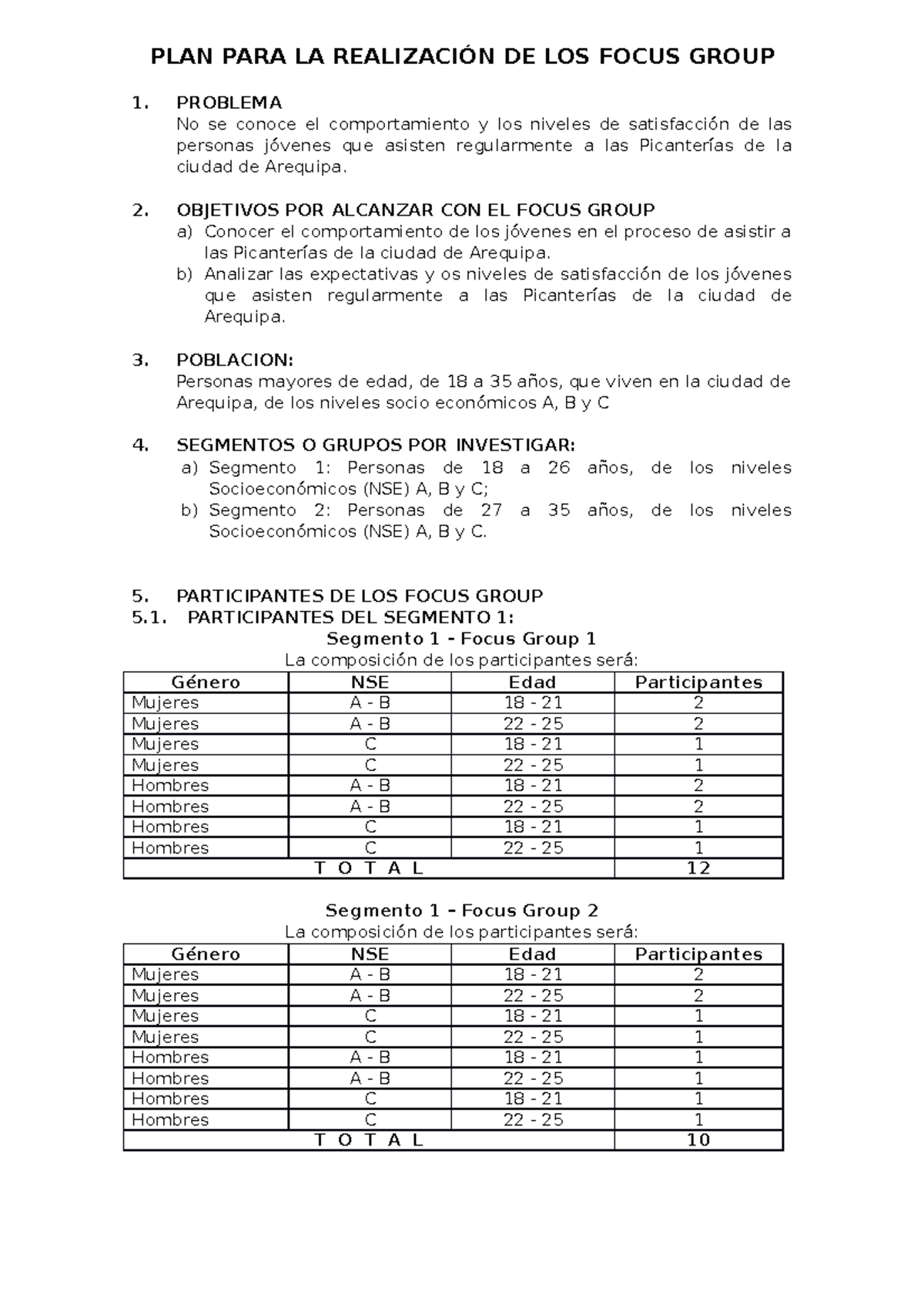 Ejemplo DE UN PLAN PARA LA Realizacion DE LOS Focus Group - PLAN PARA LA REALIZACIÓN DE LOS ...