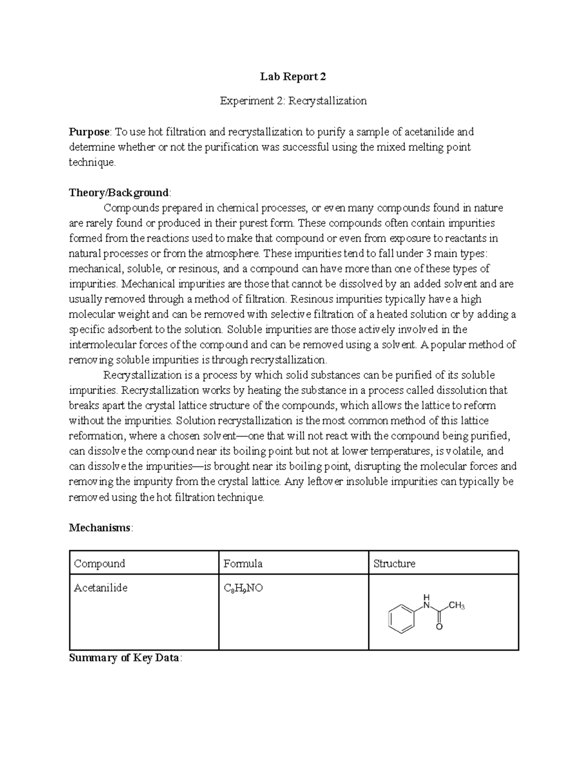 Lab Report 2 - Theory/Background: Compounds prepared in chemical ...