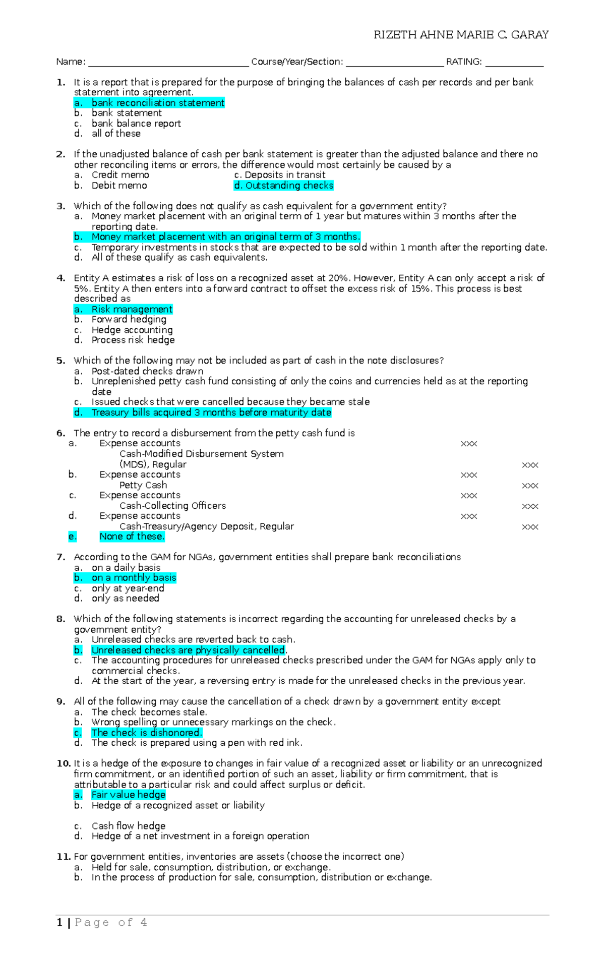QUIZ Chapter-6 7 -8 9 10-11 - RIZETH AHNE MARIE C. GARAY Name