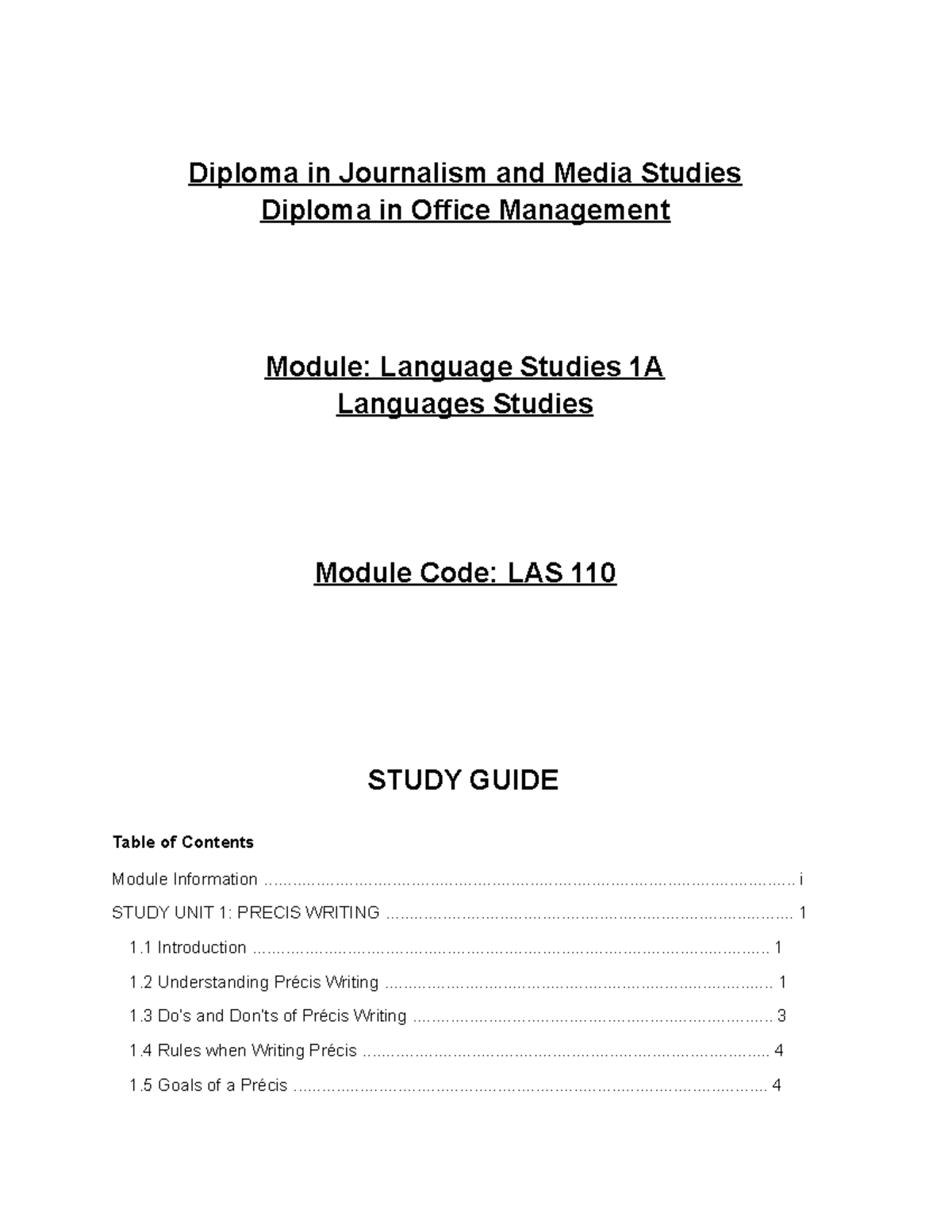 Language Studies 1A - Study Guide - Diploma in Journalism and Media ...