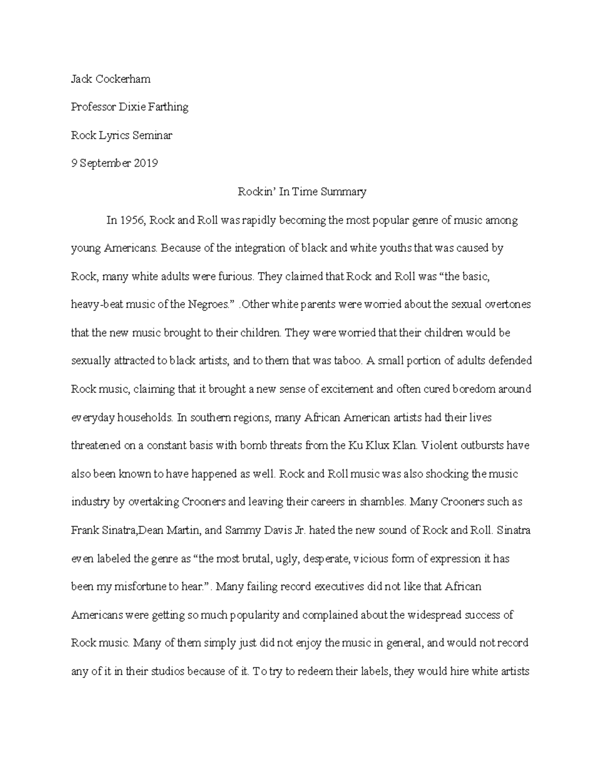 Rock summary - Grade: 100 - Jack Cockerham Professor Dixie Farthing ...