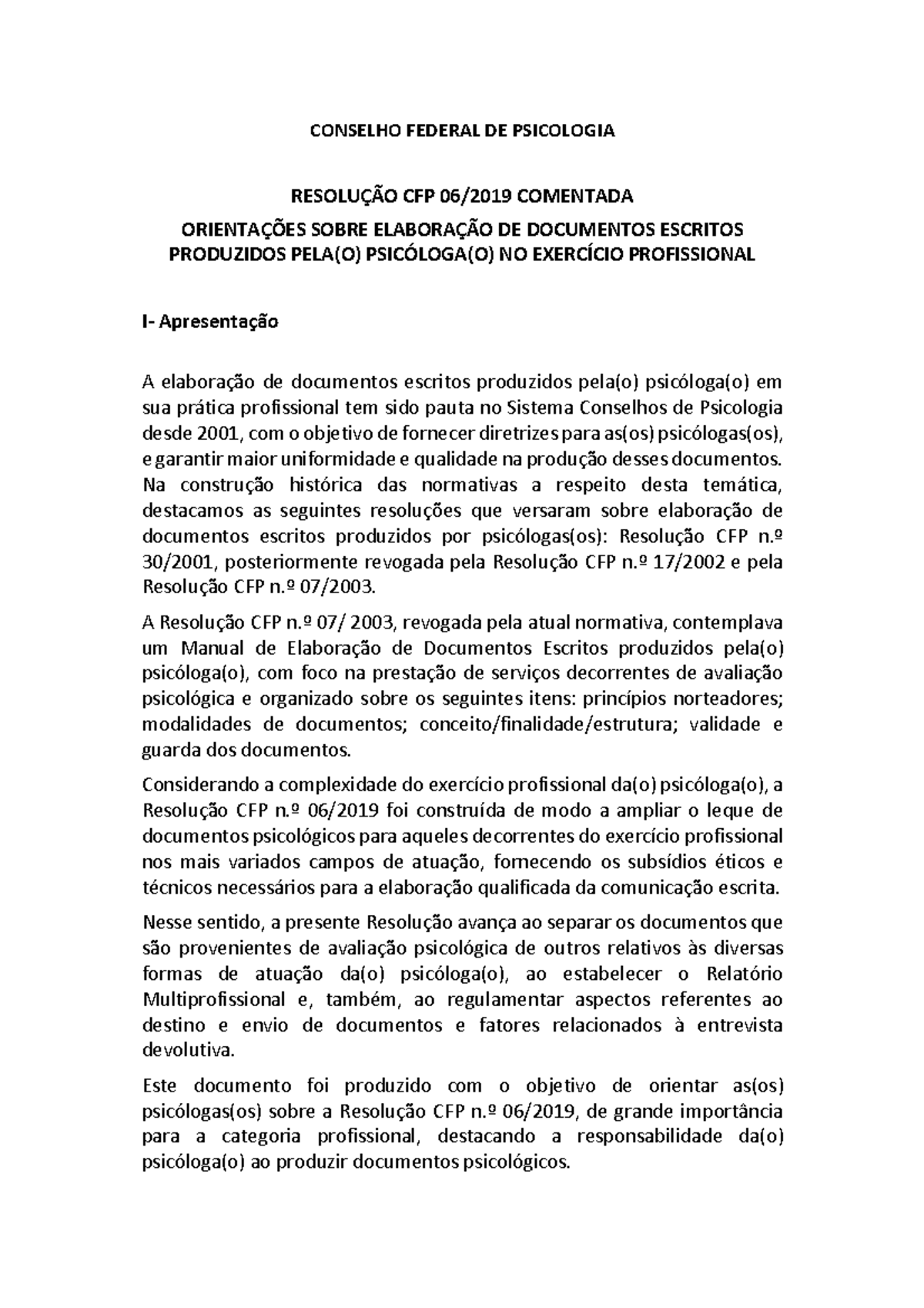Resolução CFP n 06 2019 comentada - CONSELHO FEDERAL DE PSICOLOGIA ...