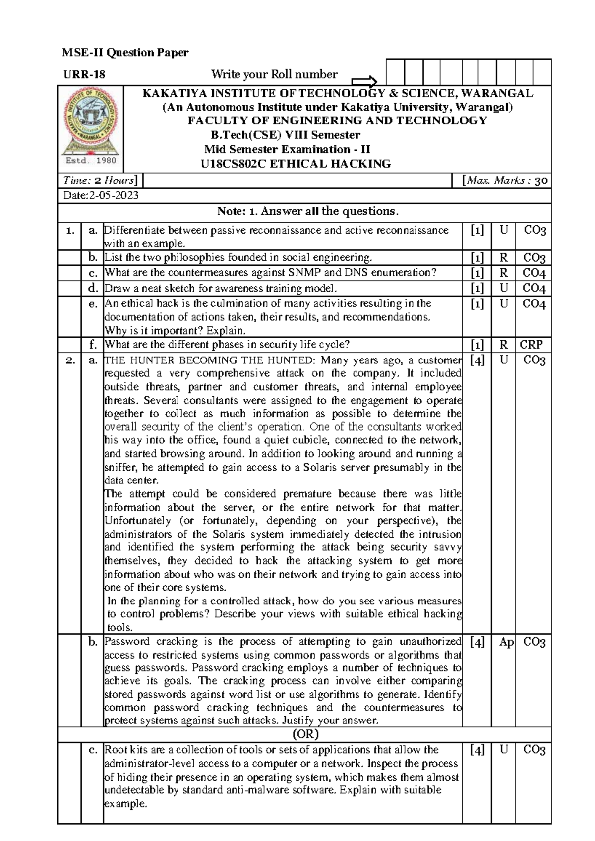 EH MSE2 paper 2023 - MSE-II Question Paper URR-18 Write your Roll ...