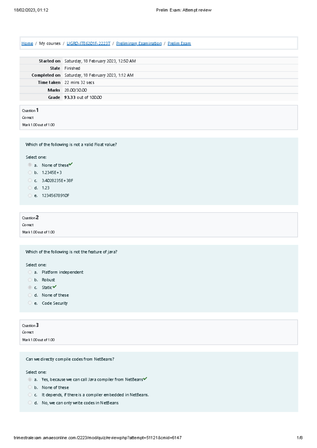 Prelim Exam Attempt review - Home / My courses / UGRD-ITE6201F-2223T ...