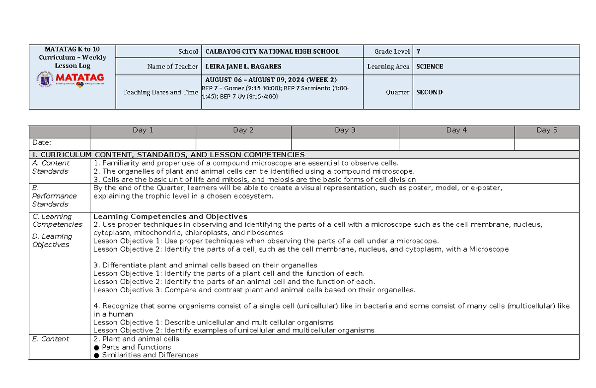 DLL G7 Science Q2 WEEK 3 - MATATAG K to 10 Curriculum – Weekly Lesson ...