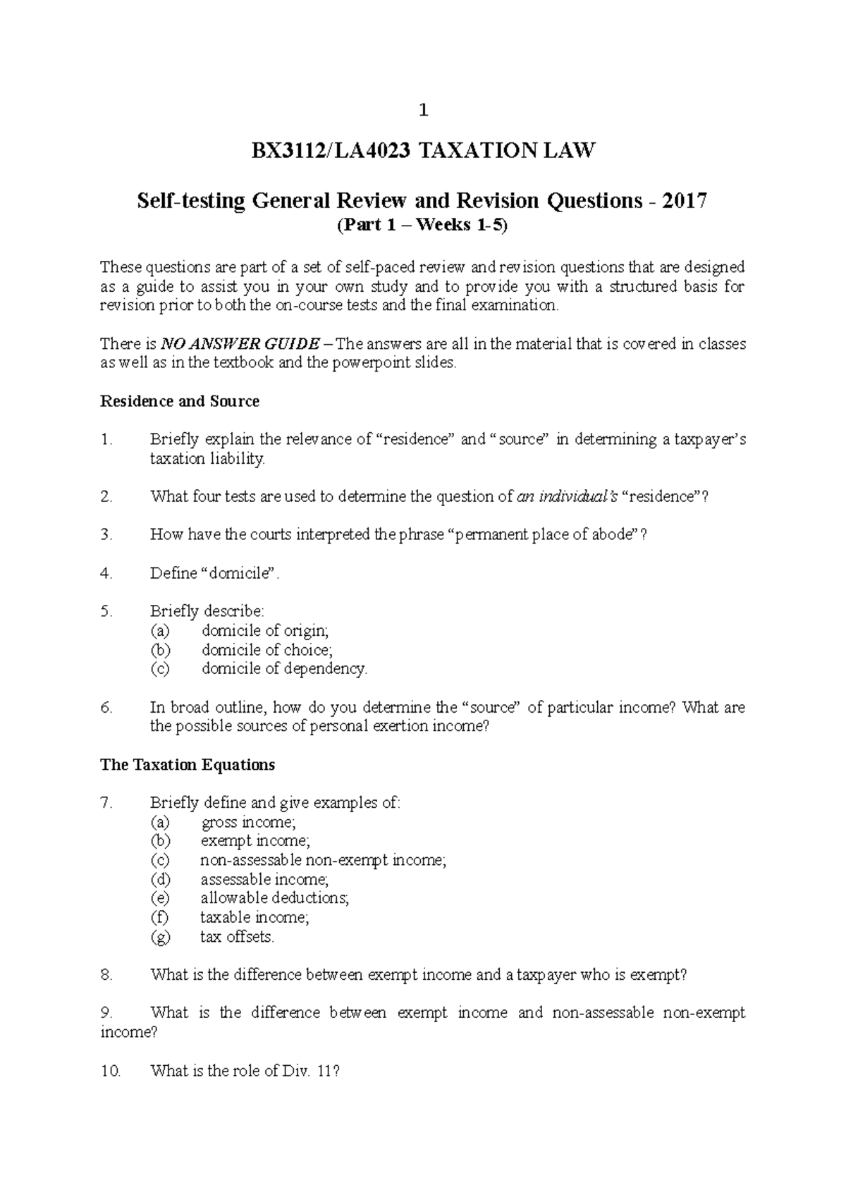 Review Questions 1 weeks 1-5 Taxation Law - BX3112/LA4023 TAXATION LAW ...
