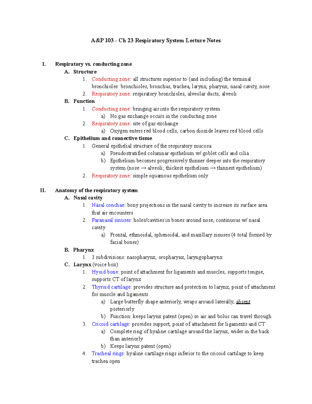 Respiratory System Notes - A&P 103 - Ch 23 Respiratory System Lecture ...