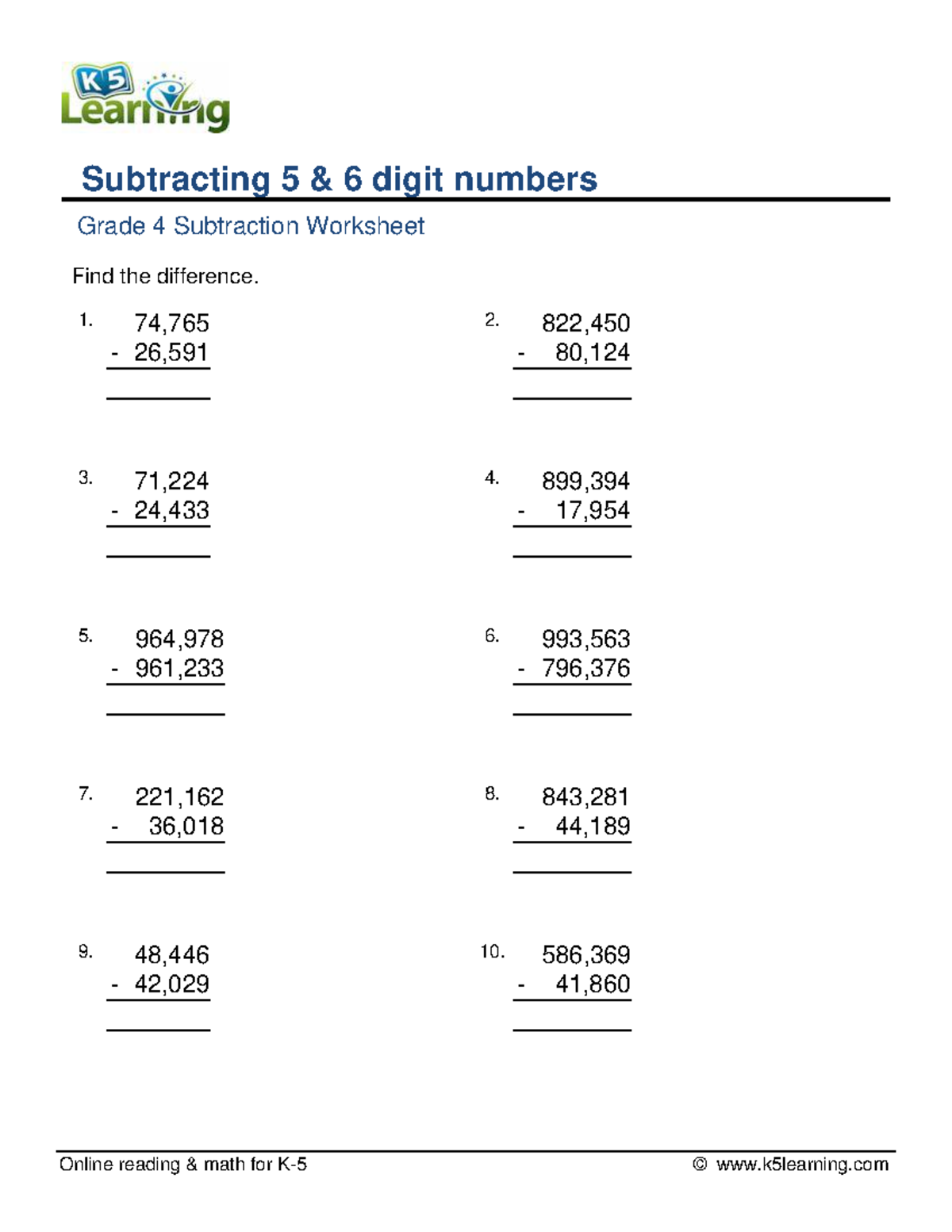 Grade 4 subtract 5or6 digit numbers a - Online reading & math for K-5 ...