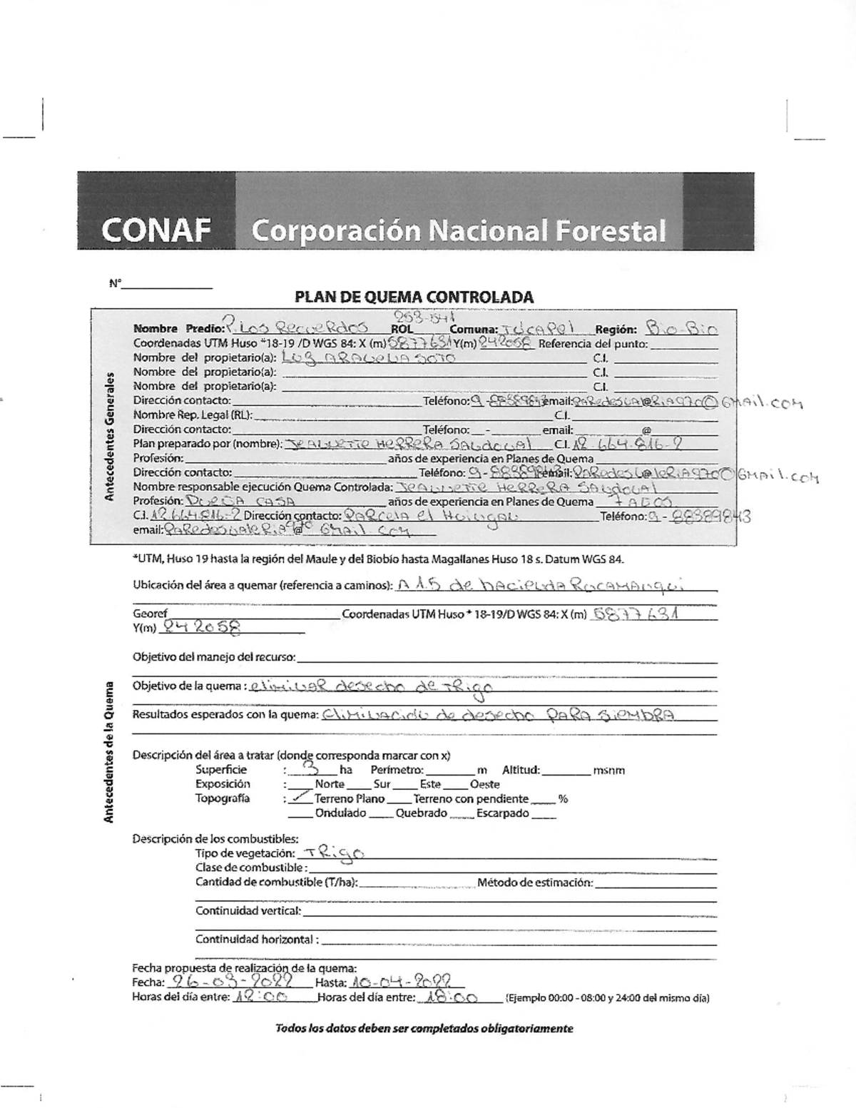 Quema Documentos - IOXJOXSIOZ - CONAF Corporación Nacional Forestal PLAN DE QUEMA CONTROLADA ...