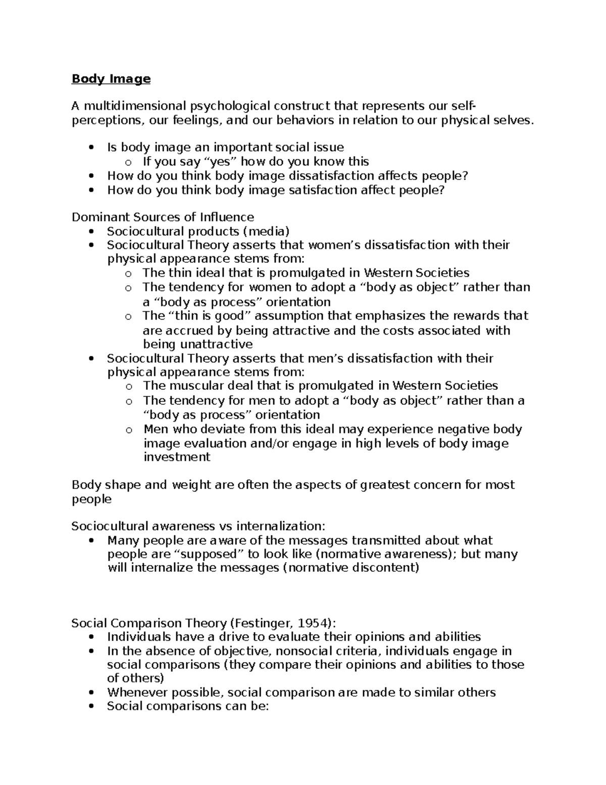 Psy 226 - Body Image - Body Image A multidimensional psychological ...