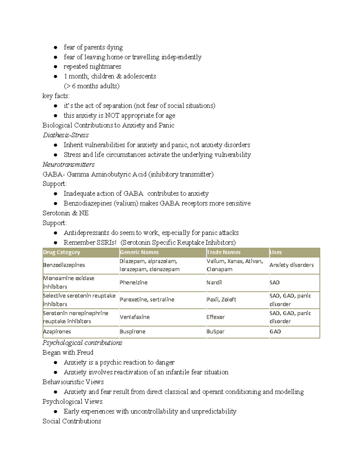 Psych abnormal notes -11 - fear of parents dying fear of leaving home ...