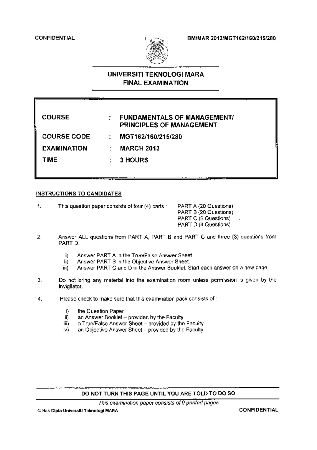 Faculty Business Management 2013 Session 2 - Diploma MGT162 160 215 280 ...