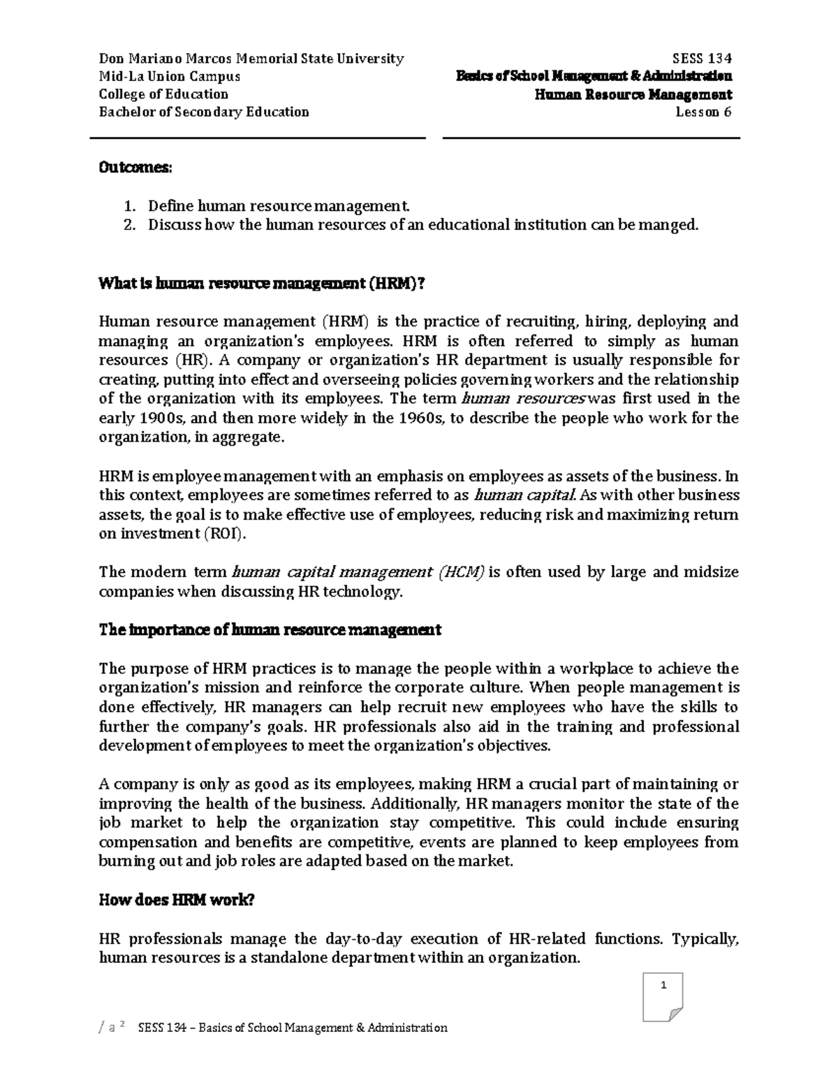 Lesson 6 - Human Resource Management - Mid-La Union Campus Basics of ...