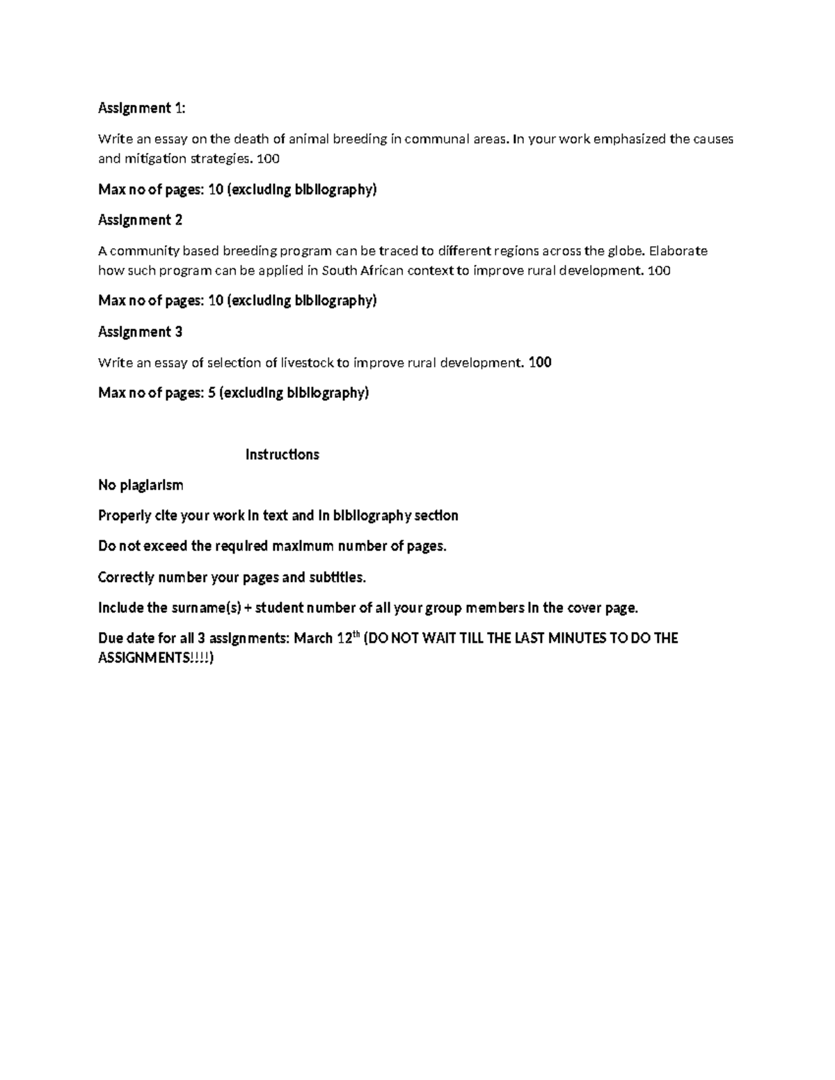 AGA 211 Assignments - Assignment 1: Write an essay on the death of animal breeding in communal ...