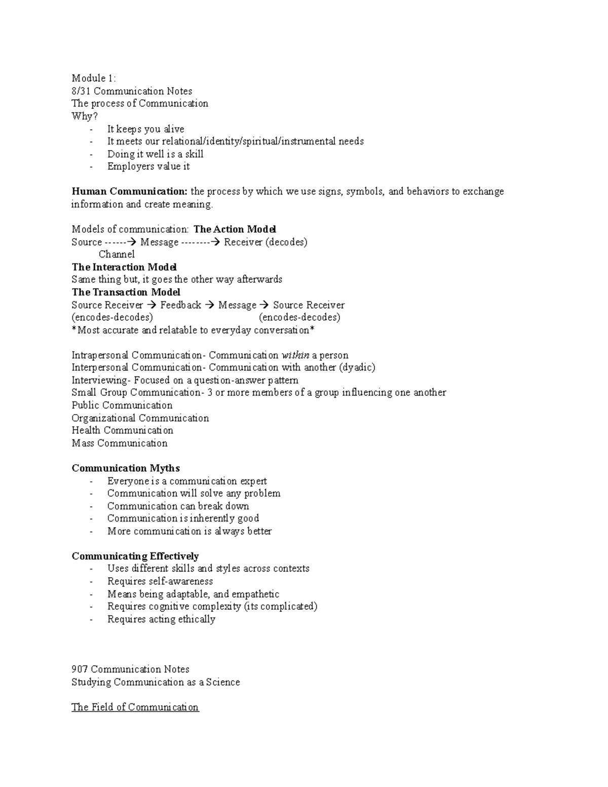 Comm Lecture Notes - Module 1: 8/31 Communication Notes The process of ...