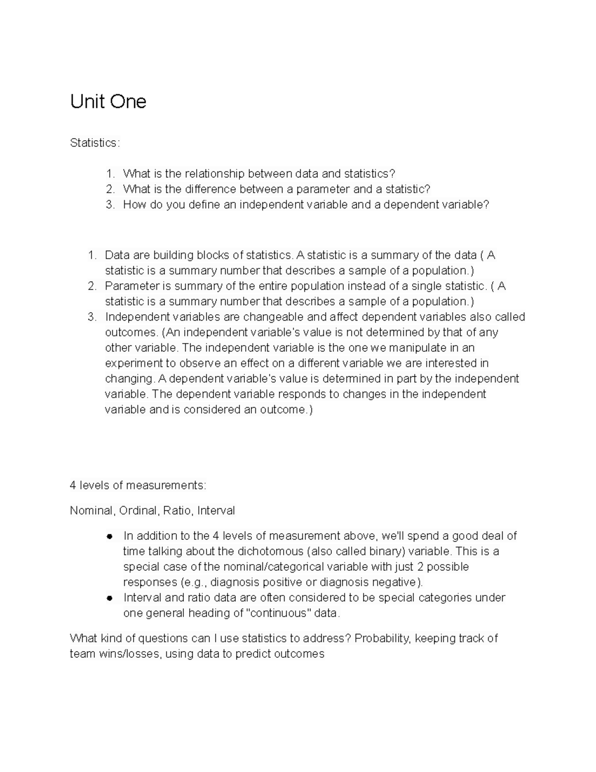 UNIT ONE- Intro to Stats - Unit One Statistics: What is the ...