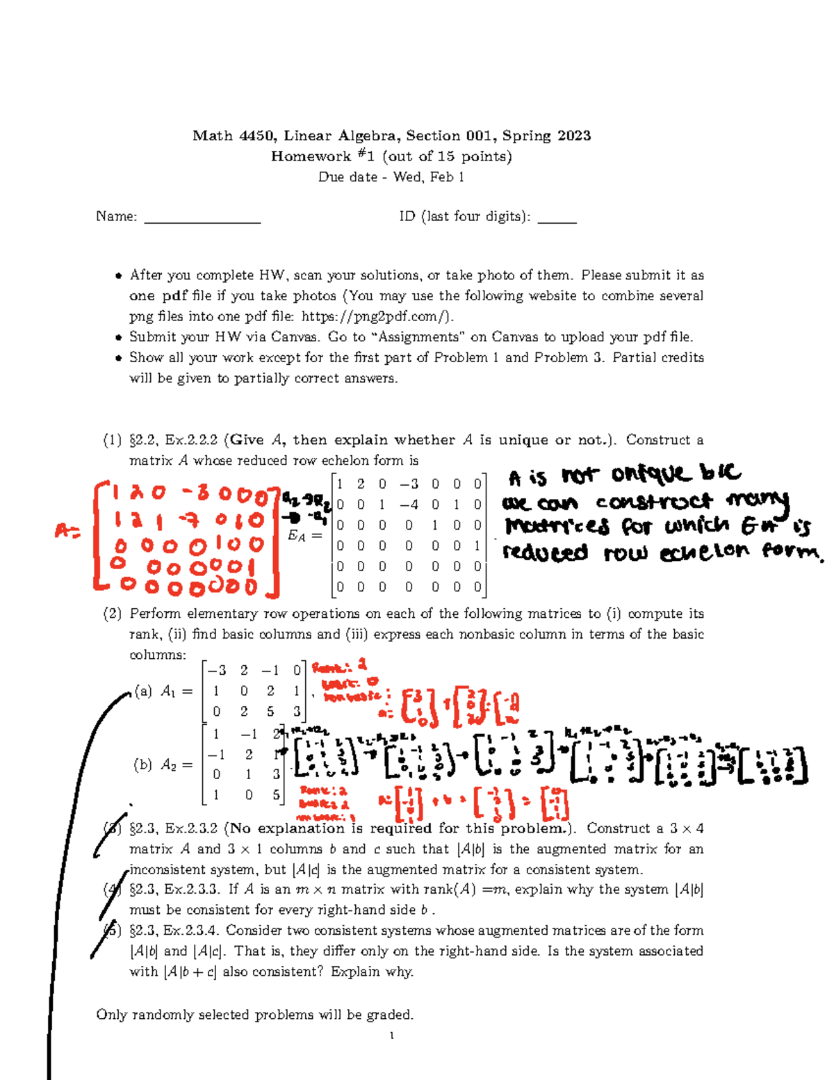 HW #1 Linear Algebra - N/A - Math 4450, Linear Algebra, Section 001 ...