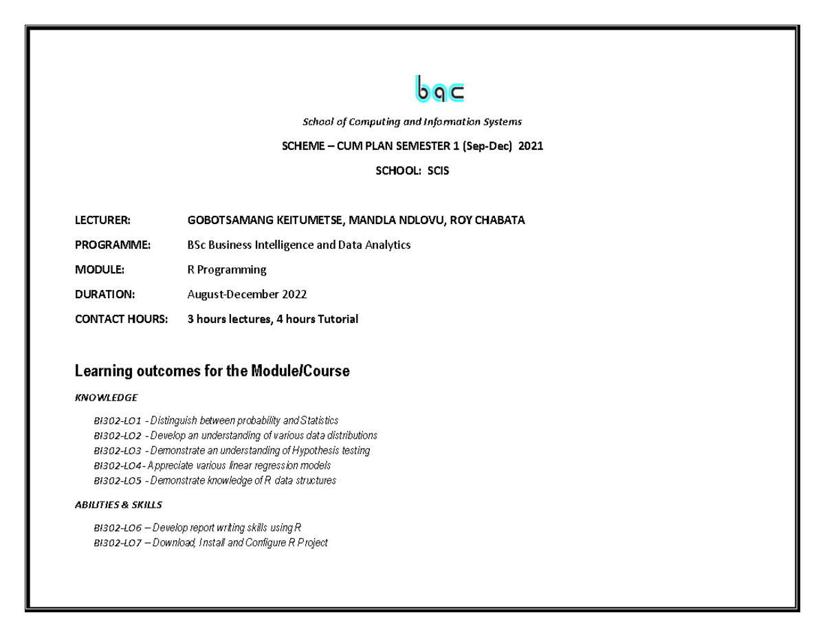 Lesson Plan R-Programming 2021 - School of Computing and Information ...