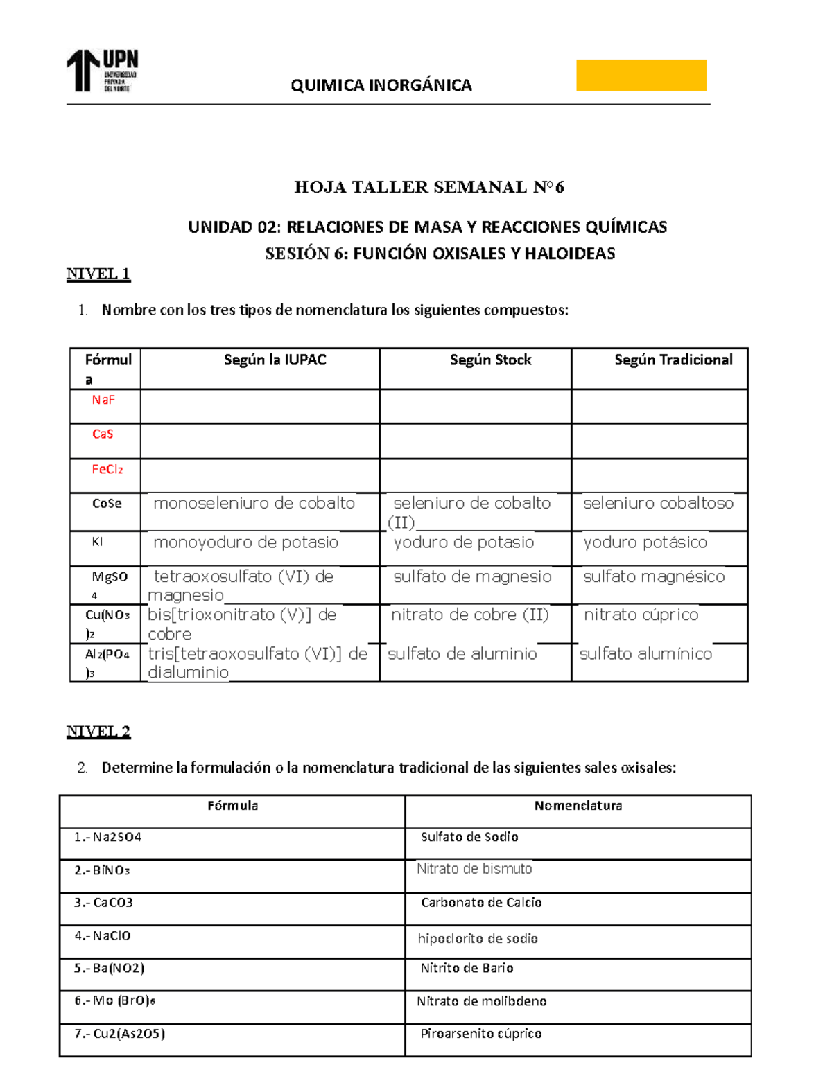 Hoja Taller de Teoría N° 6 Sales Oxisales y Haloideas - QUIMICA INORGÁNICA HOJA TALLER SEMANAL N ...