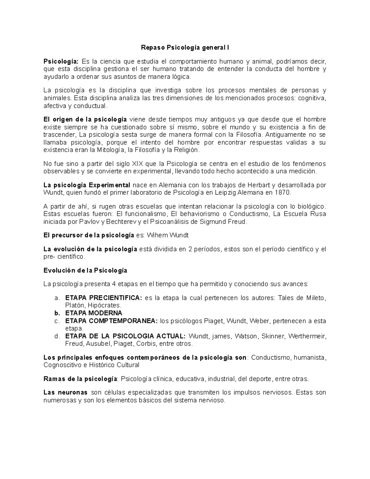 Repaso Psicología general I - Repaso Psicología general I Psicología ...