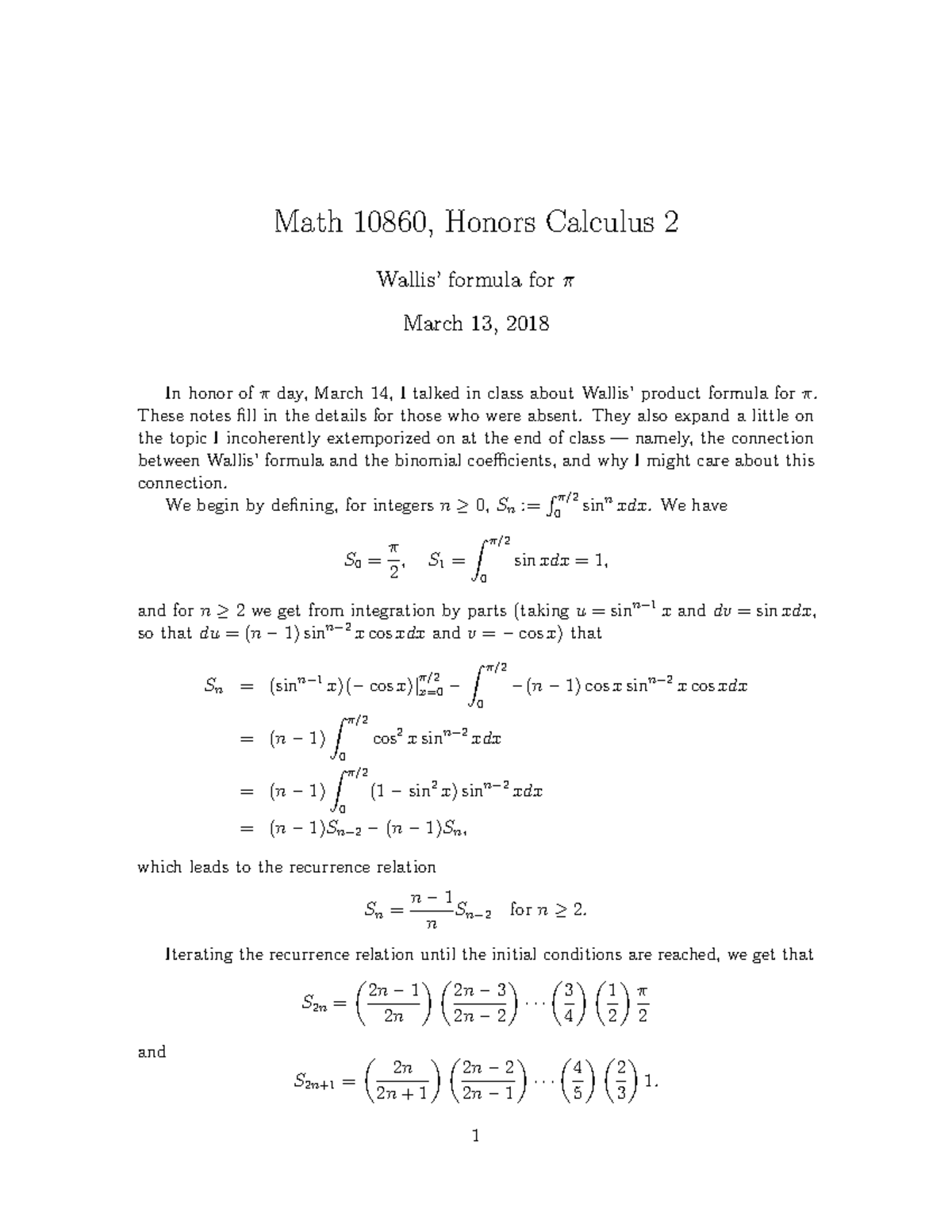 10860-Wallis - Math 10860, Honors Calculus 2 Wallis’ formula for π ...