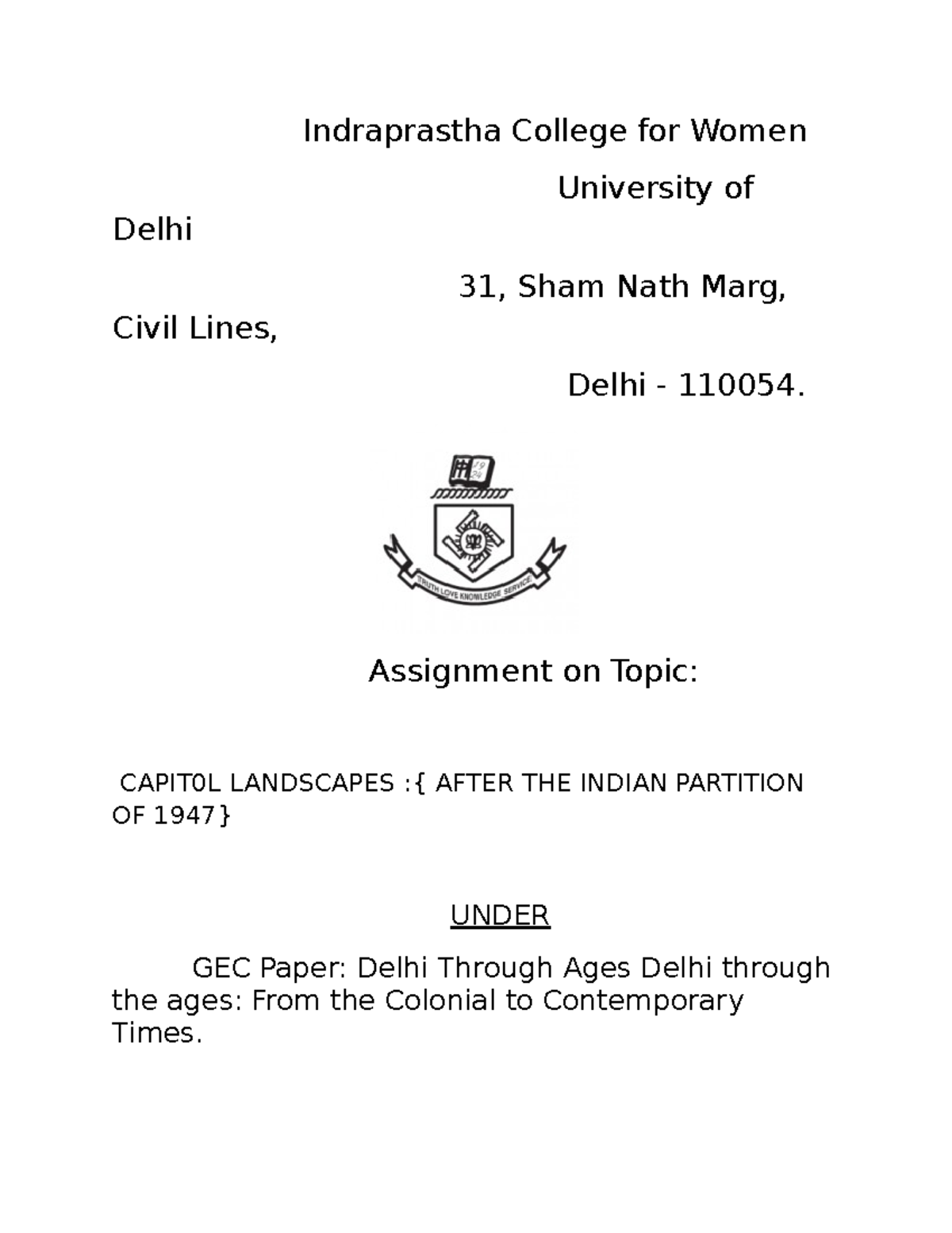 Assignment History - Indraprastha College for Women University of Delhi ...