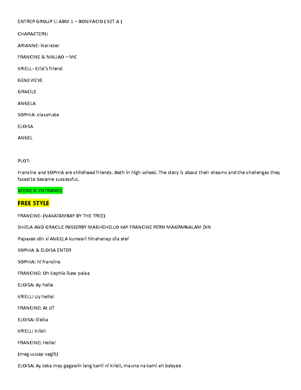 Group 1 Script - ENTREP GROUP 1: ABM 1 – BONIFACIO ( SET A ) CHARACTERS ...