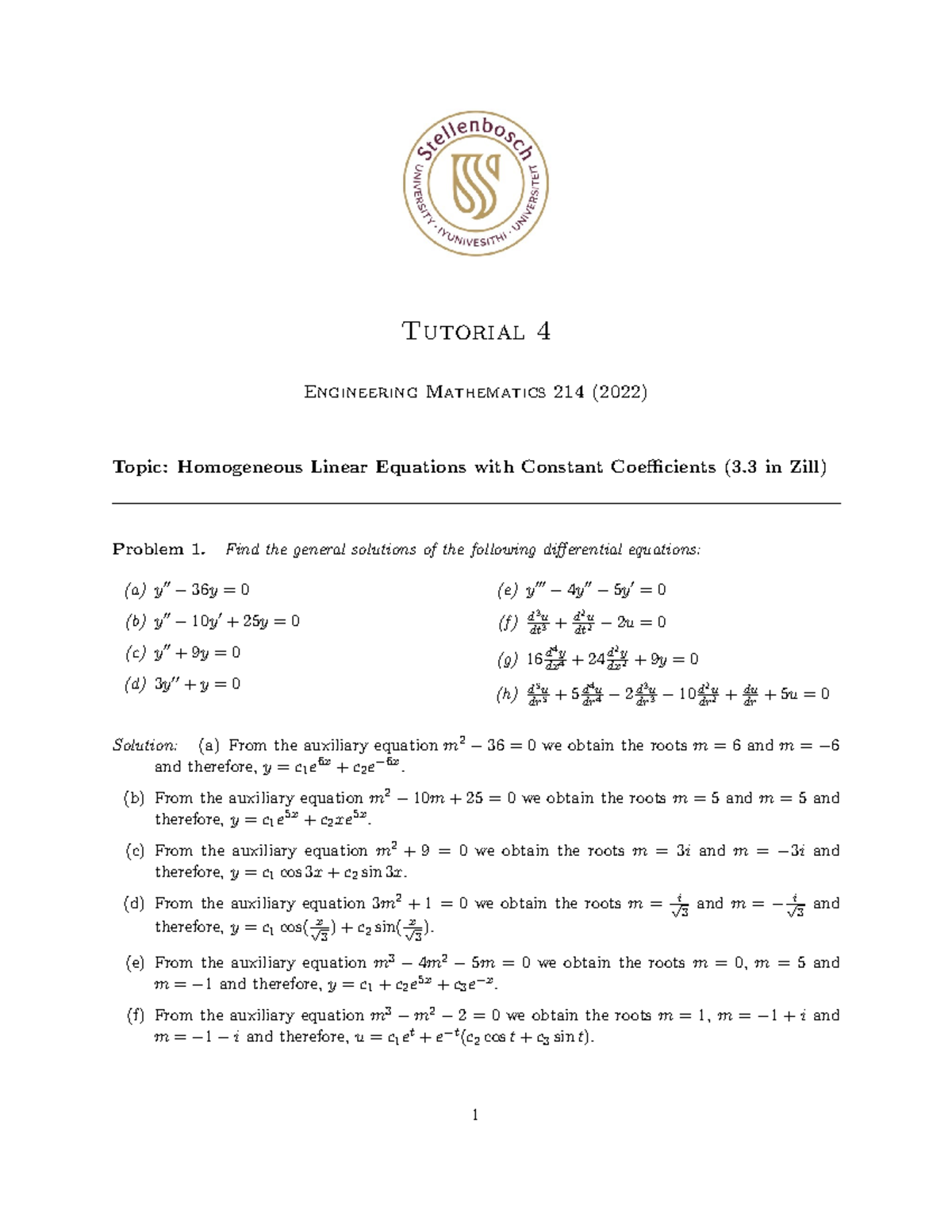 Memo 4 Tutorial Memo For Engineering Maths 214 Differential Equations Tutorial 4
