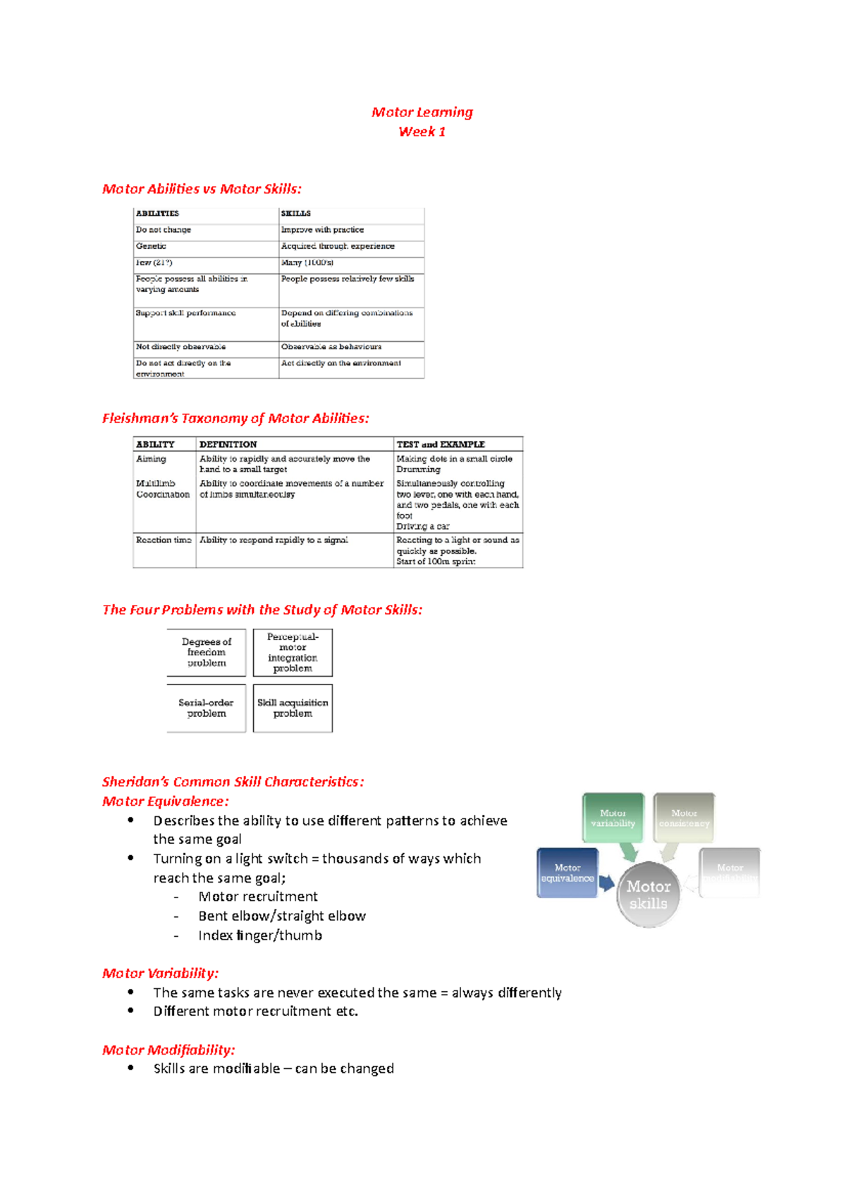 Motor Learning Yr2Sem2 - Motor Learning Week 1 Motor Abilities vs Motor ...