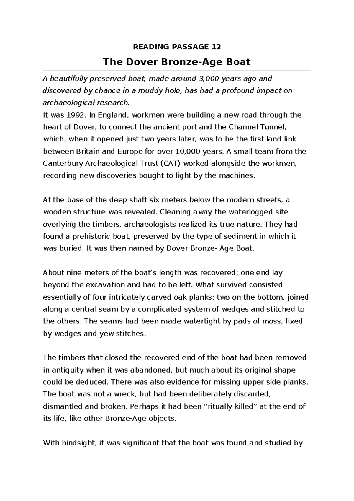 Reading Passage 12 - SMÔ PHÔI - READING PASSAGE 12 The Dover Bronze-Age ...