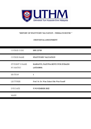 Contoh muka hadapan - “REPORT OF STATUTORY VALUATION – TERRACE HOUSE ...