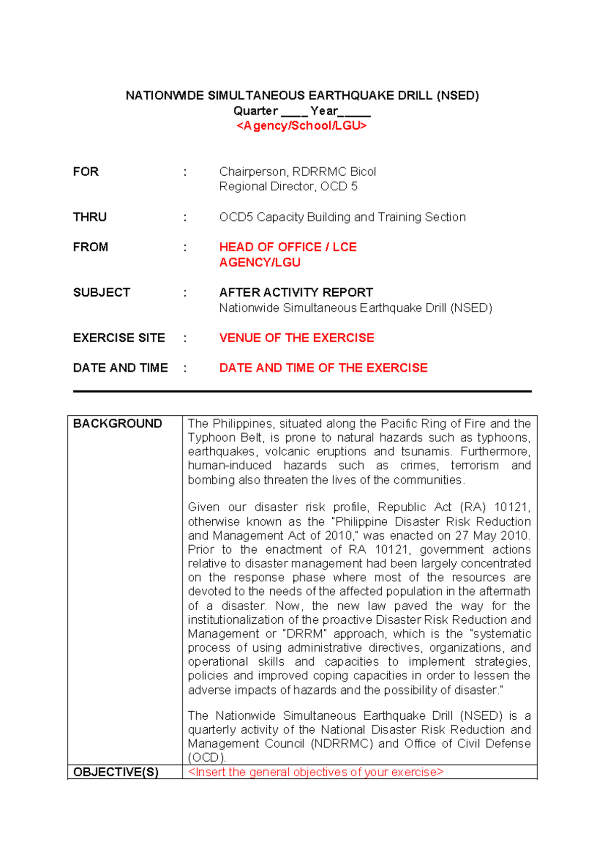 AAR - NSED - Sample AAR for NSED - NATIONWIDE SIMULTANEOUS EARTHQUAKE DRILL (NSED) Quarter ...
