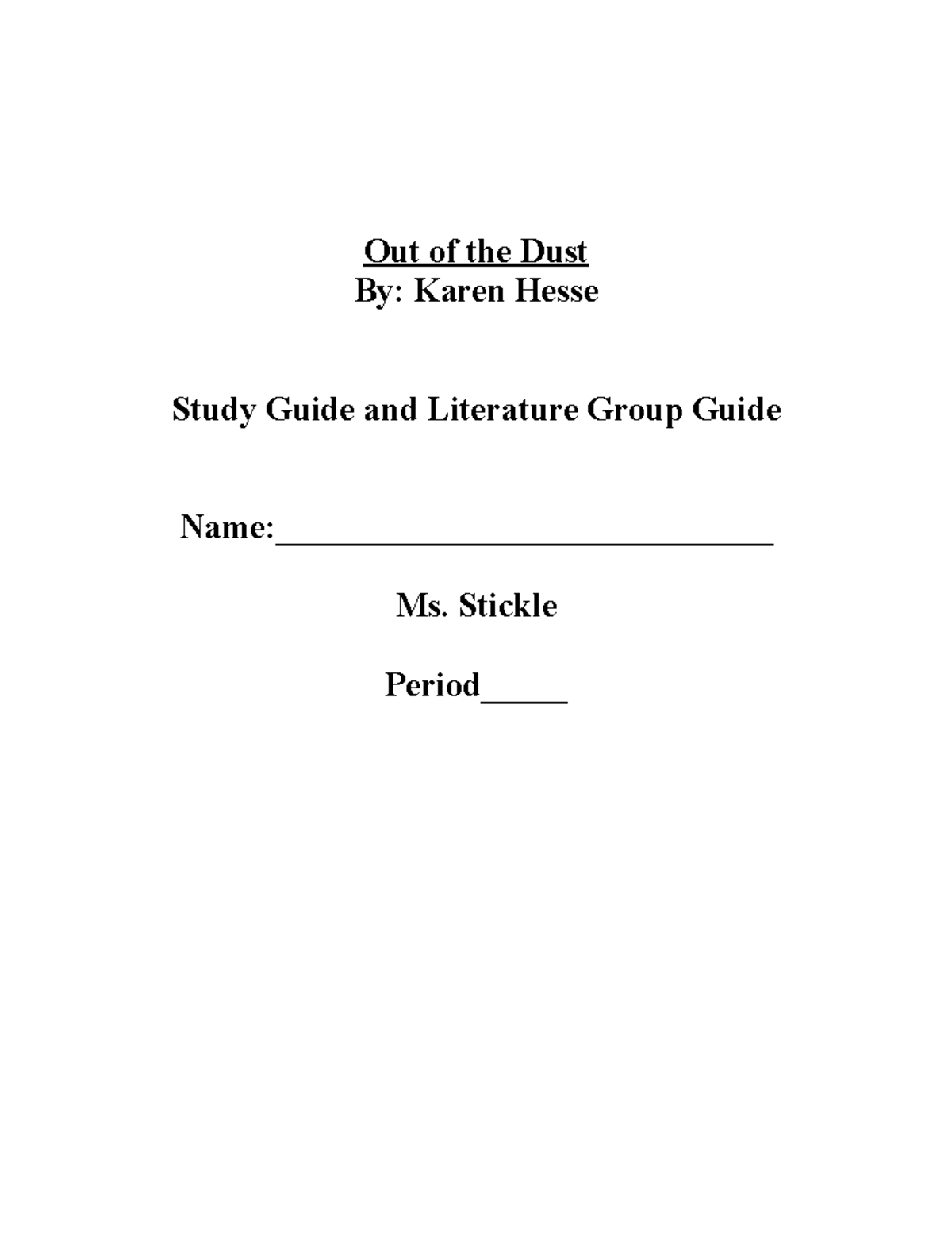 Study guide - Essay. - Out of the Dust By: Karen Hesse Study Guide and ...