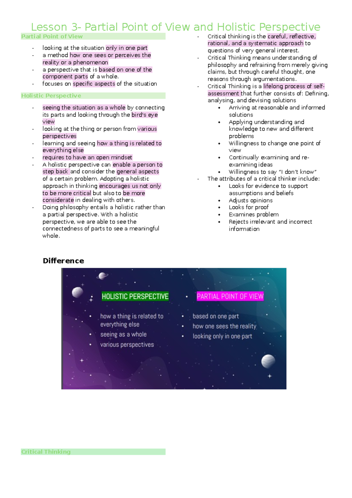 Lesson 3 Philosophy - Lesson 3- Partial Point of View and Holistic ...