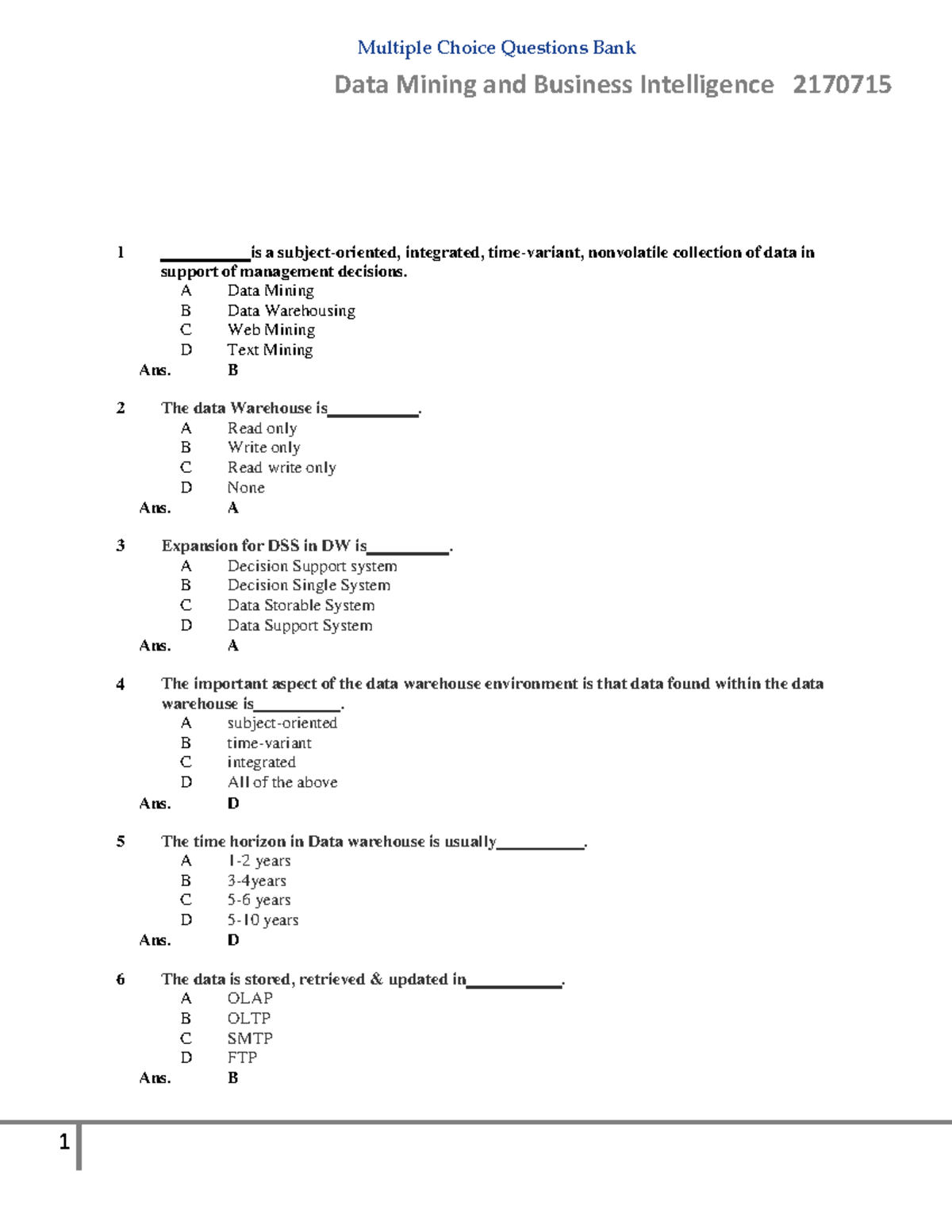 DMBI-2170715 - It is a Multiple Choice Questions Bank with answers. - Data Mining and Business ...