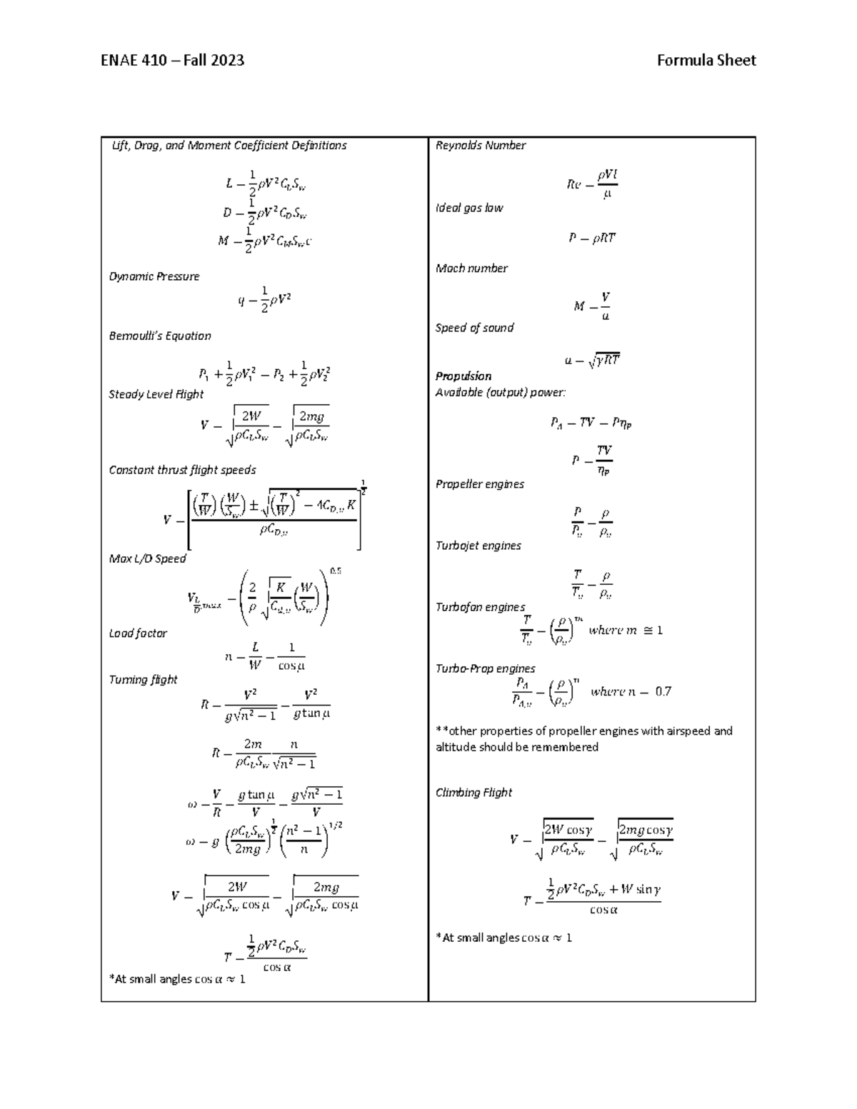 Midterm Formula Sheet Preliminary - ENAE 410 – Fall 2023 Formula Sheet ...