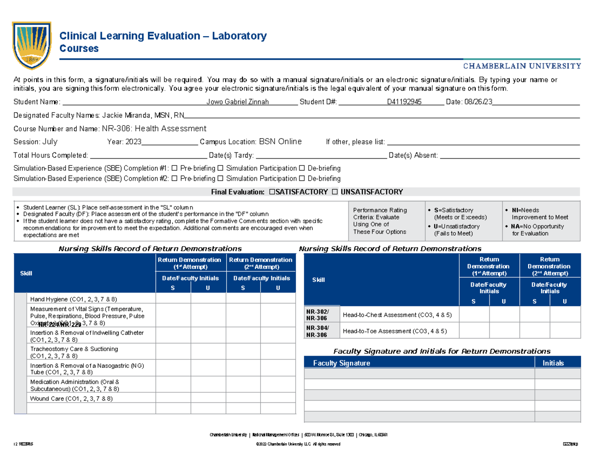CLE Lab Eval 306 Jowo Zinnah - Courses Chamberlain University ...