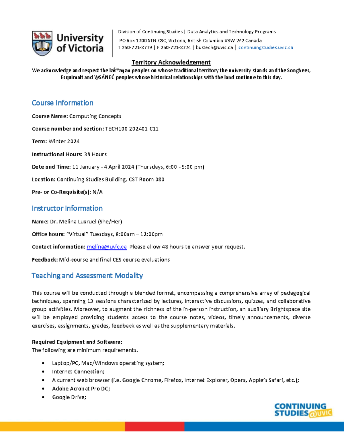 Course Outline-TECH100 C11 202401 - Division of Continuing Studies ...