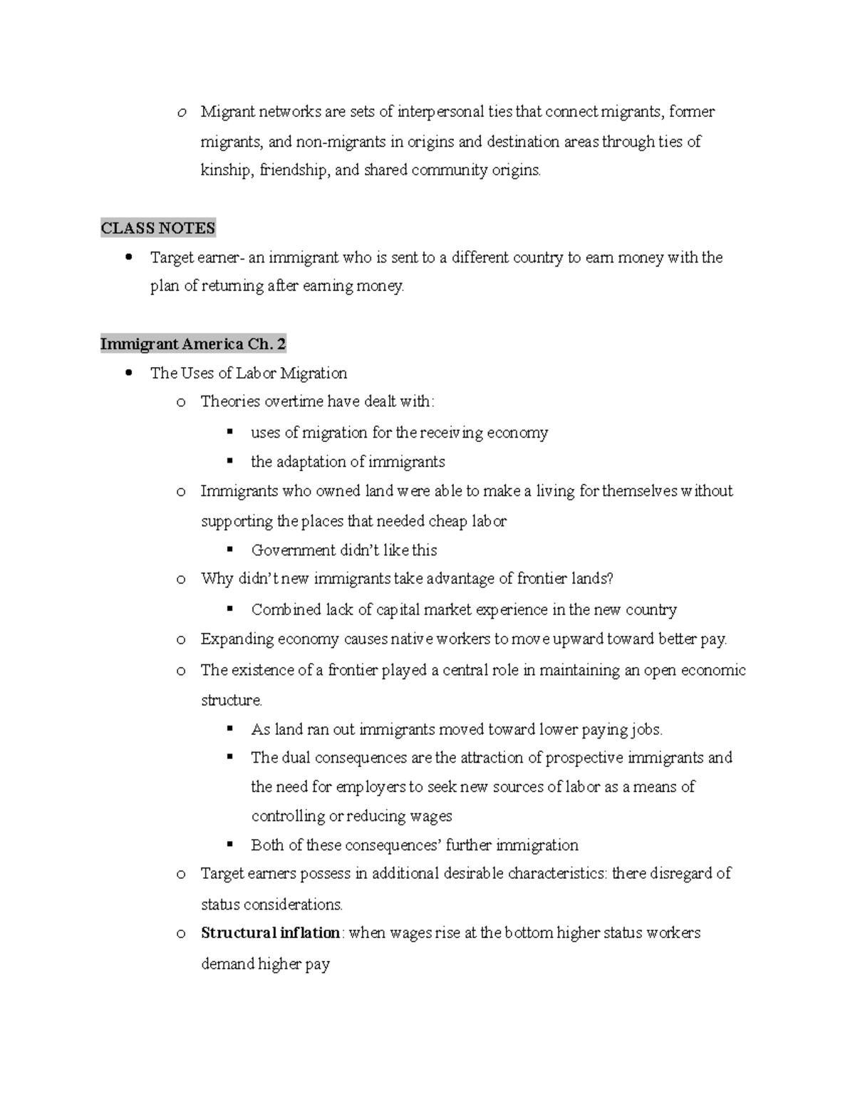 Immigration in America SOC 3322 Notes - o Migrant networks are sets of ...