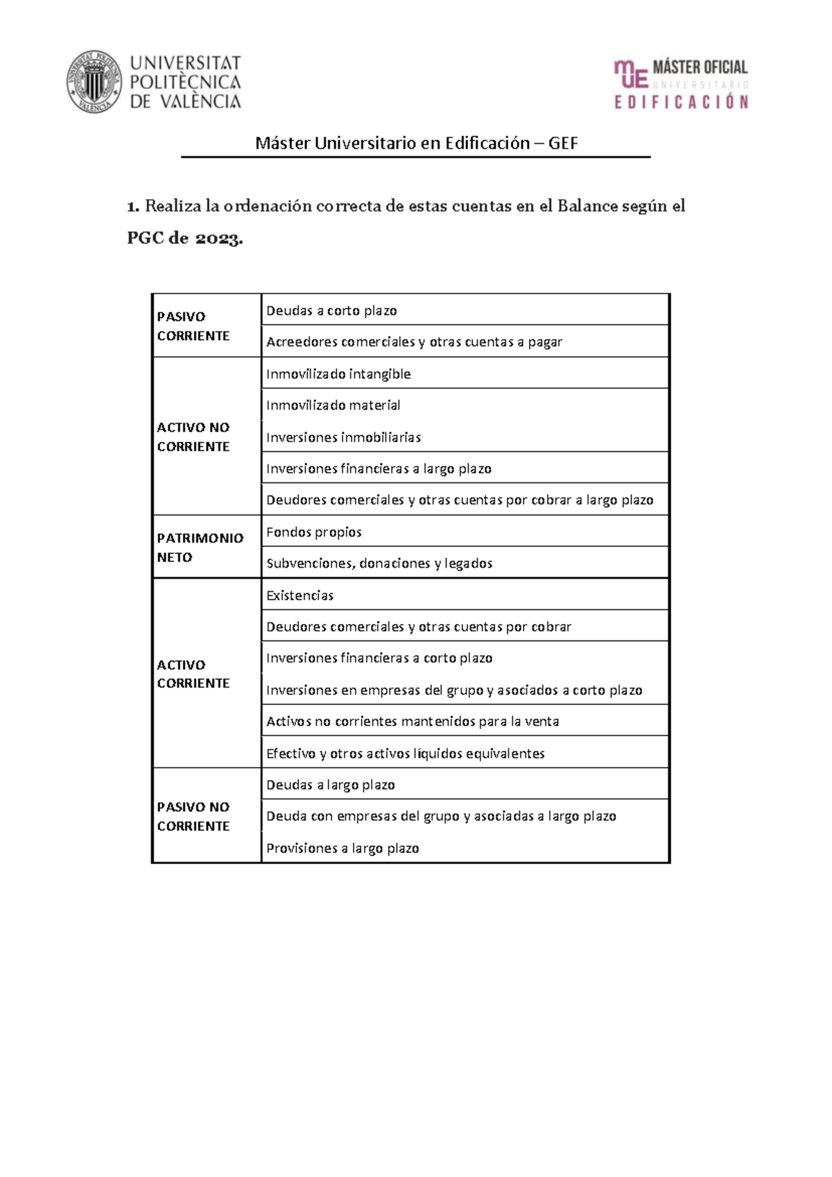 Ejercicio 1 O Clase 1 GEF Curso 2024 2025 - Máster Universitario en ...