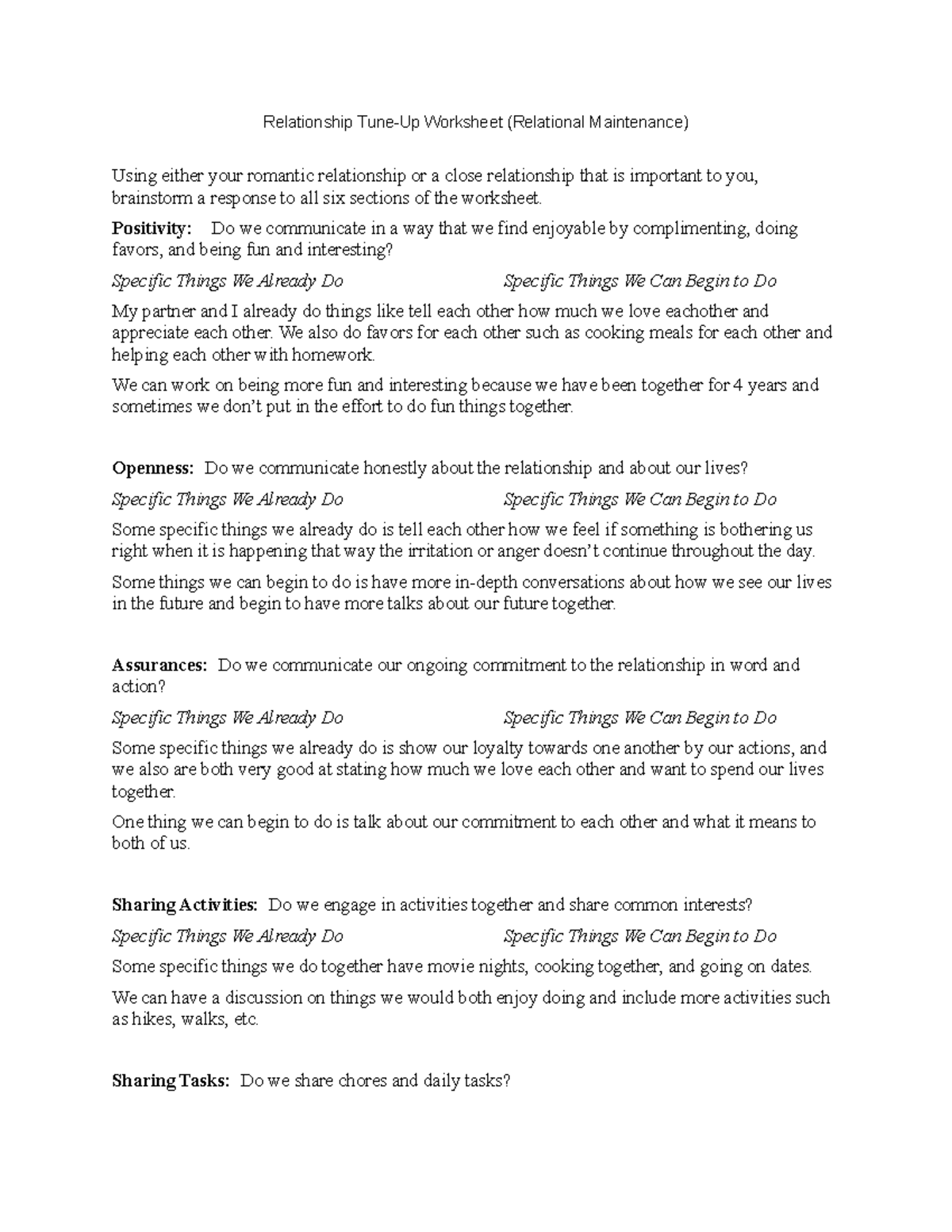 Relationship Tune-Up Worksheet (Relational Maintenance) - Positivity ...