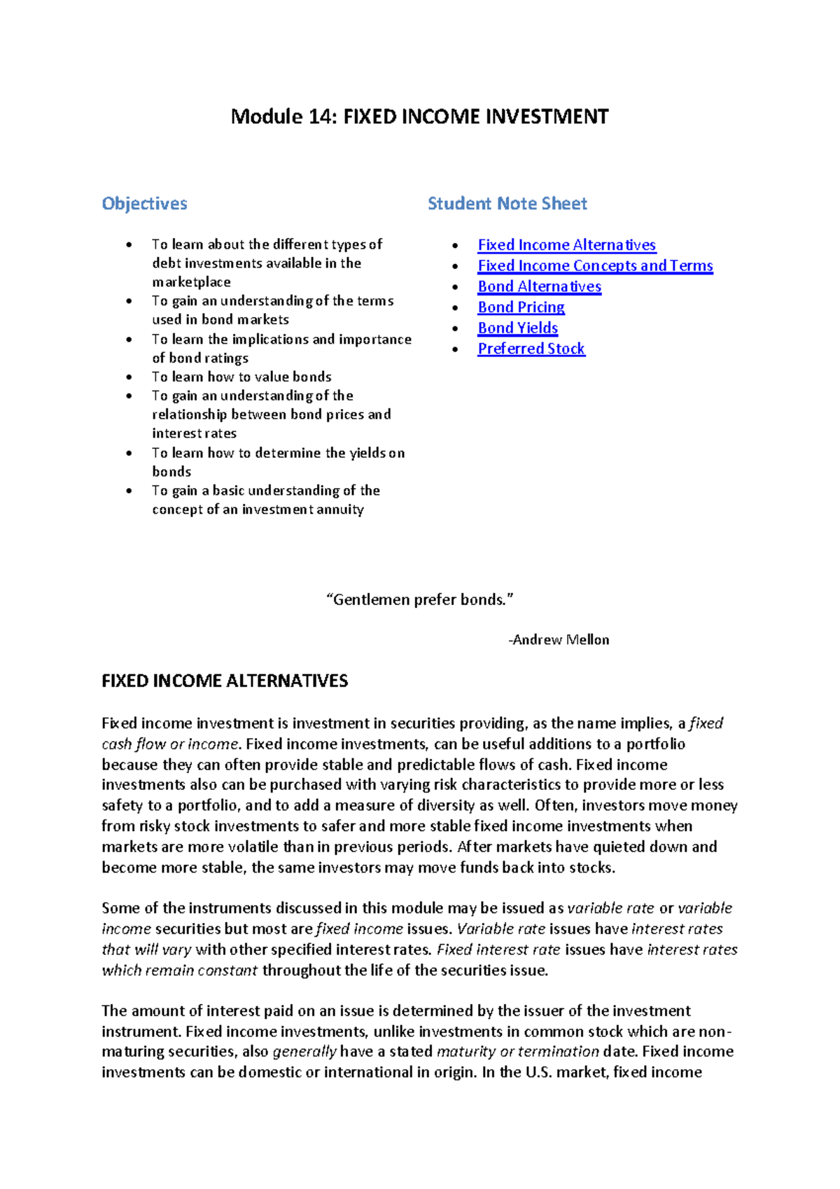 Module 14 fixed income investment - Module 14: FIXED INCOME INVESTMENT ...