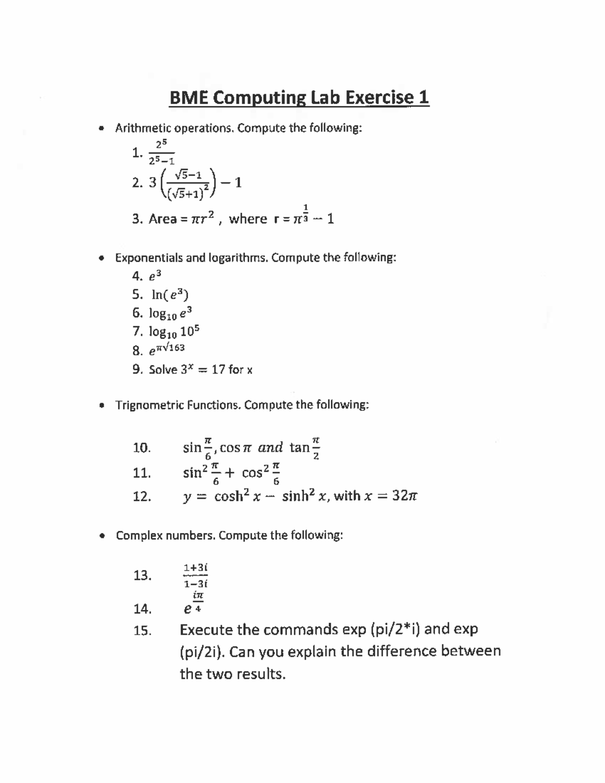 Lab Exercise 1 Complete Bme Computing Lab Exercise 1 Arithmetic Operations Compute The 