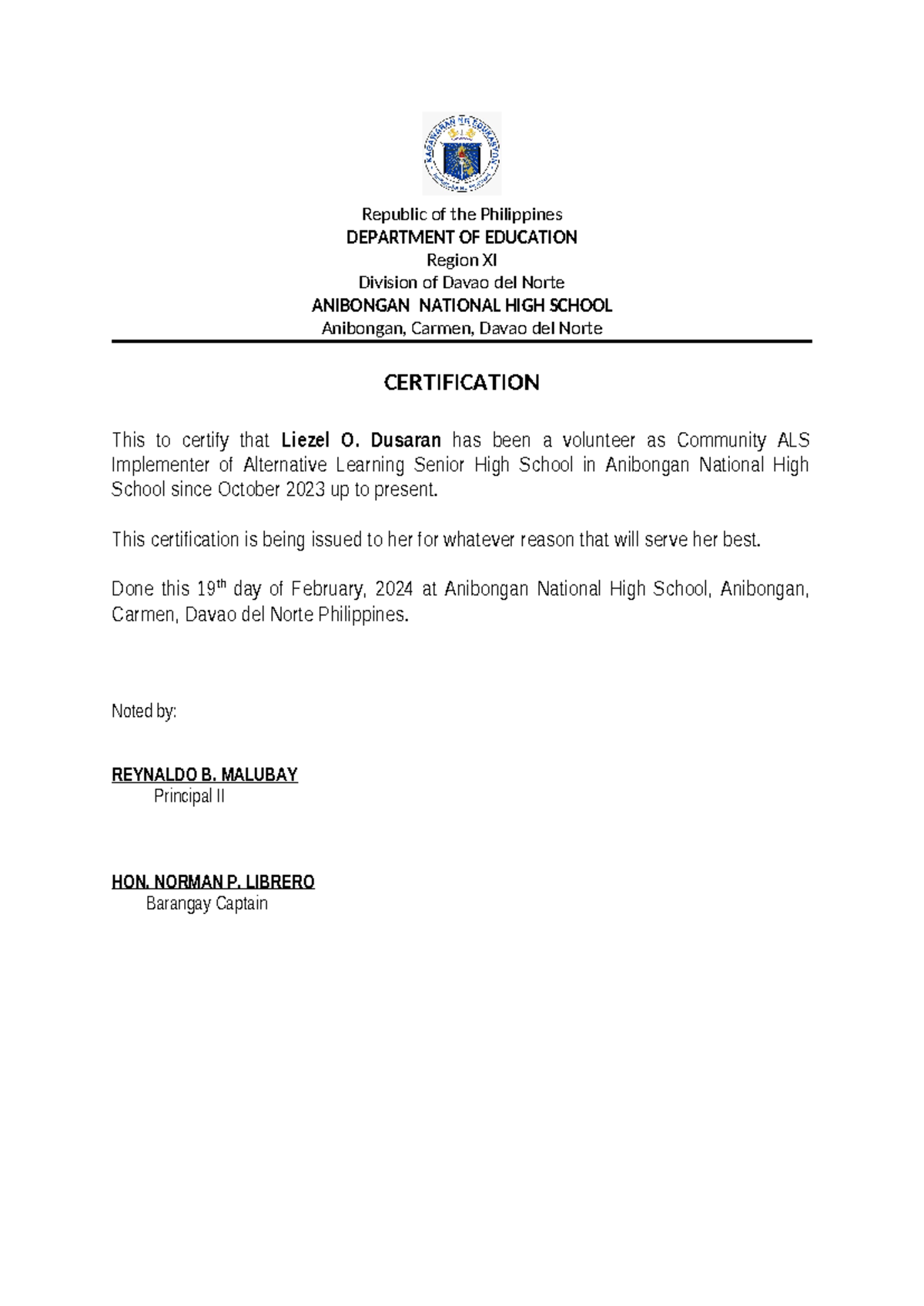 ALS certification - dfd - Republic of the Philippines DEPARTMENT OF ...