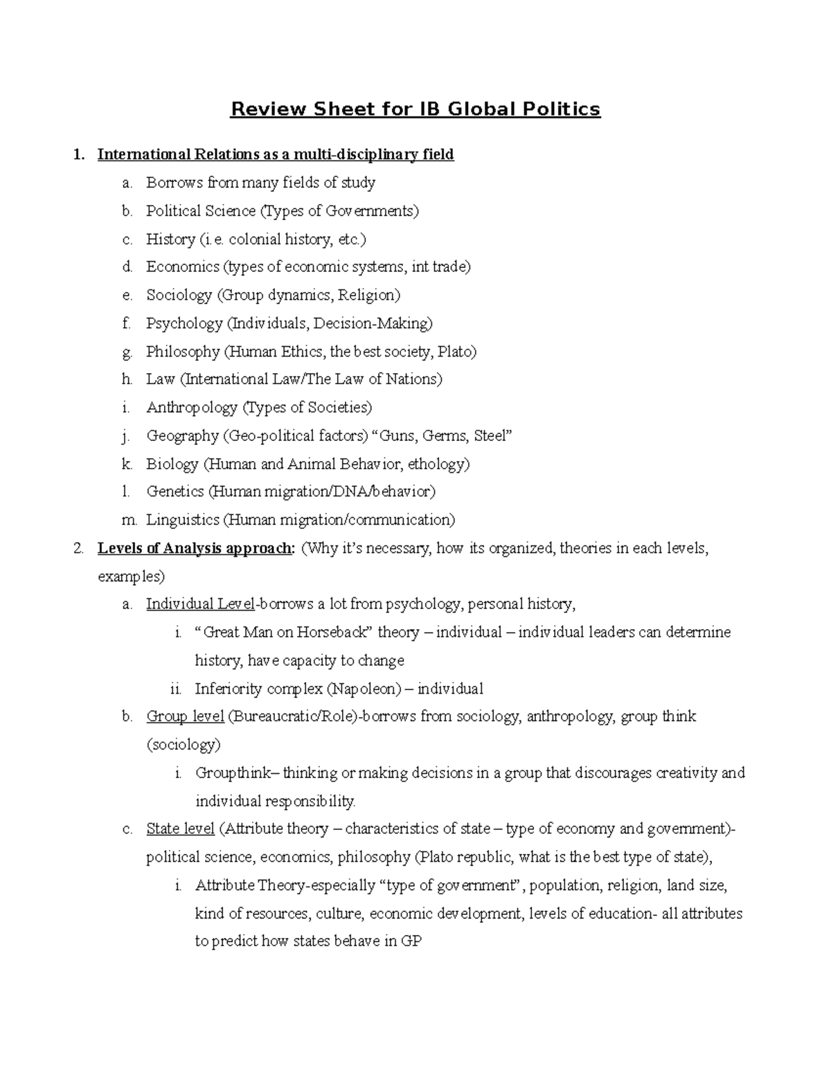 Q1 Summary - Introductory politics - Review Sheet for IB Global ...