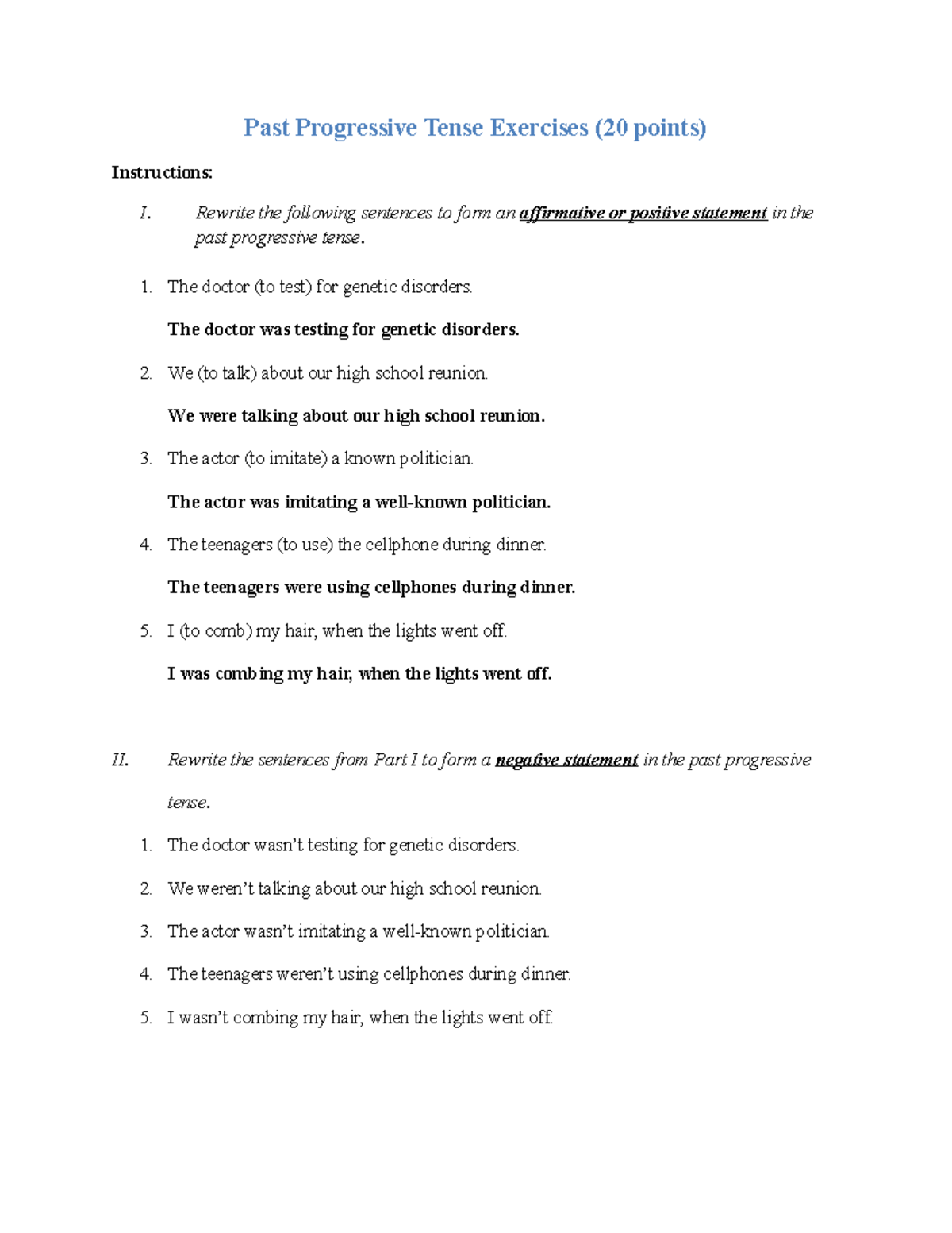 3.1 Tarea - Past Progressive Tense Exercises (20 points) Instructions ...