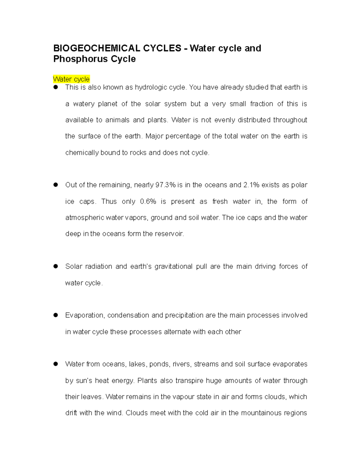 Biogeochemical Cycles - Water cycle and Phosphorus Cycle ...