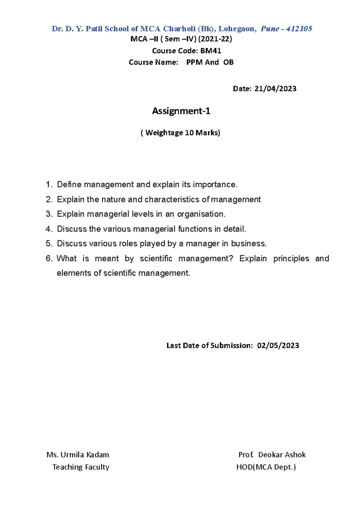 Assignment - 1 PPM&OB - bn n nb - Dr. D. Y. Patil School of MCA ...